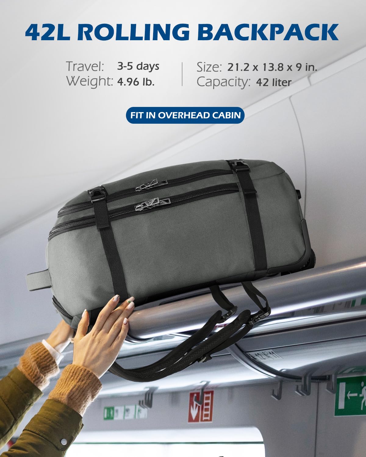 Hynes Eagle 42L Rolling Backpack Wheeled Backpack Flight Approved Travel Backpack Carry on Luggage Grey with 3PCS Packing Cubes Set Red Violet