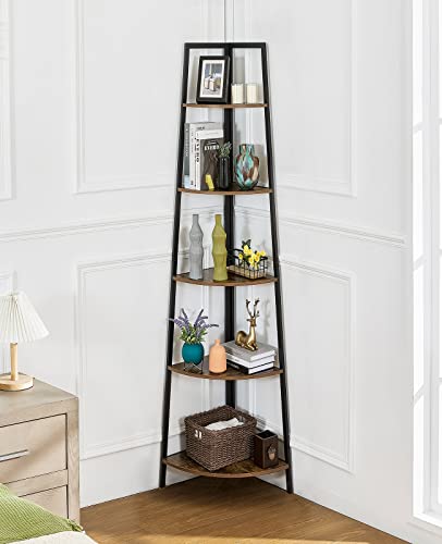 Pshelfy 5-Tier Corner Shelf, Rustic Corner Bookshelf Bookcase Multipurpose Corner Ladder Shelf Plant Stand for Living Room, Kitchen, Home Office Small Space (Brown)