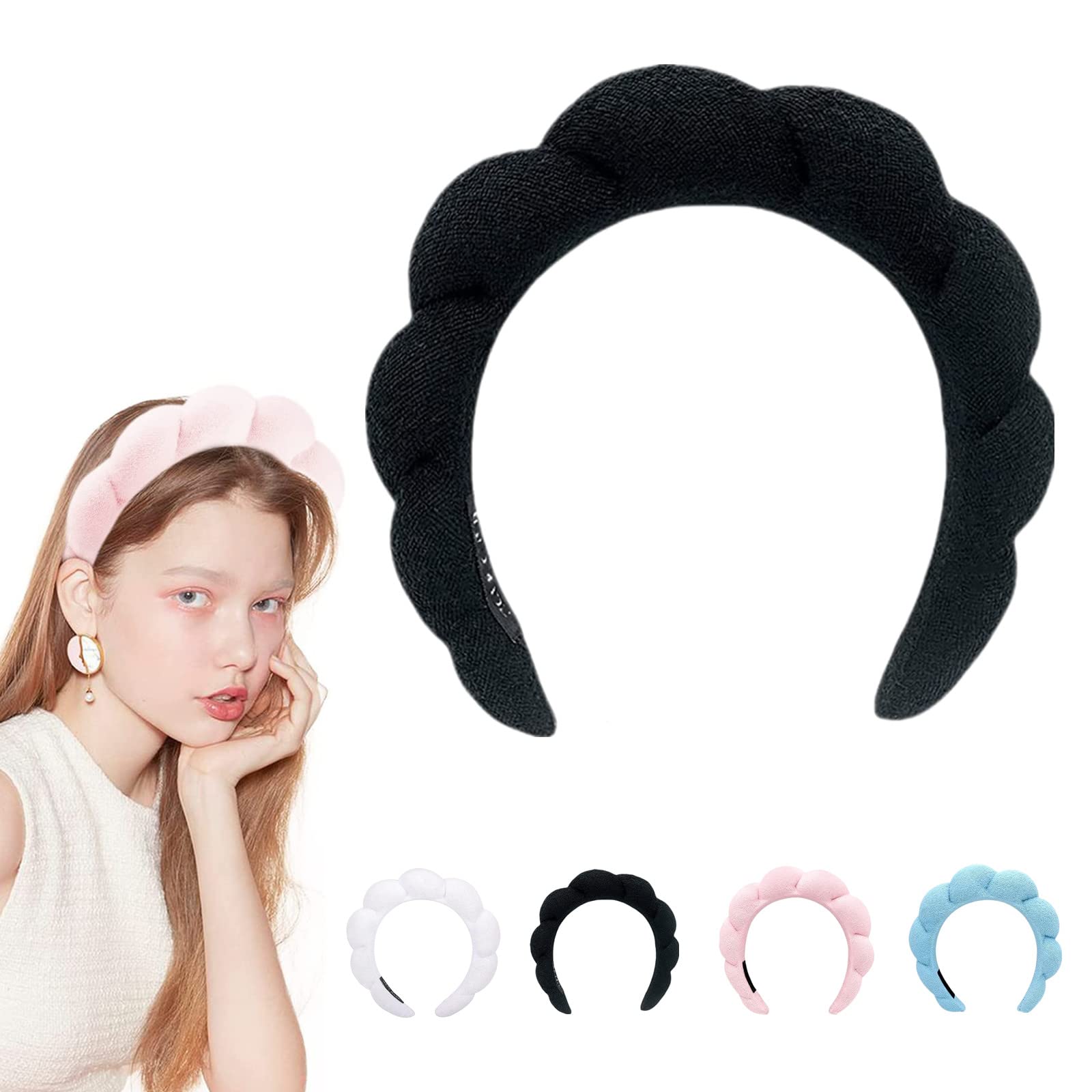 mizeo Spa Headband for Women,Sponge Terry Cloth Fabric Head Band,Soft&Non Slip Hair Band for Washing Face,Makeup,Skincare,Shower,Hair Accessories(Black)