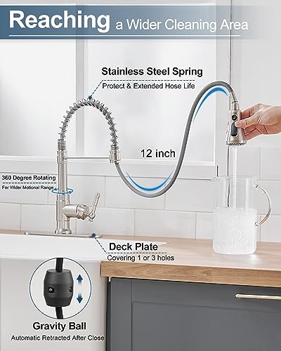HOIGY Brushed Nickel Pull Down Kitchen Faucet and Bathroom Sink Faucet Set, 3-Function Pull-Out Kitchen Faucets with Deck Plate, 3 Hole Widespread Bathroom Sink Faucet with Pop-up Drain