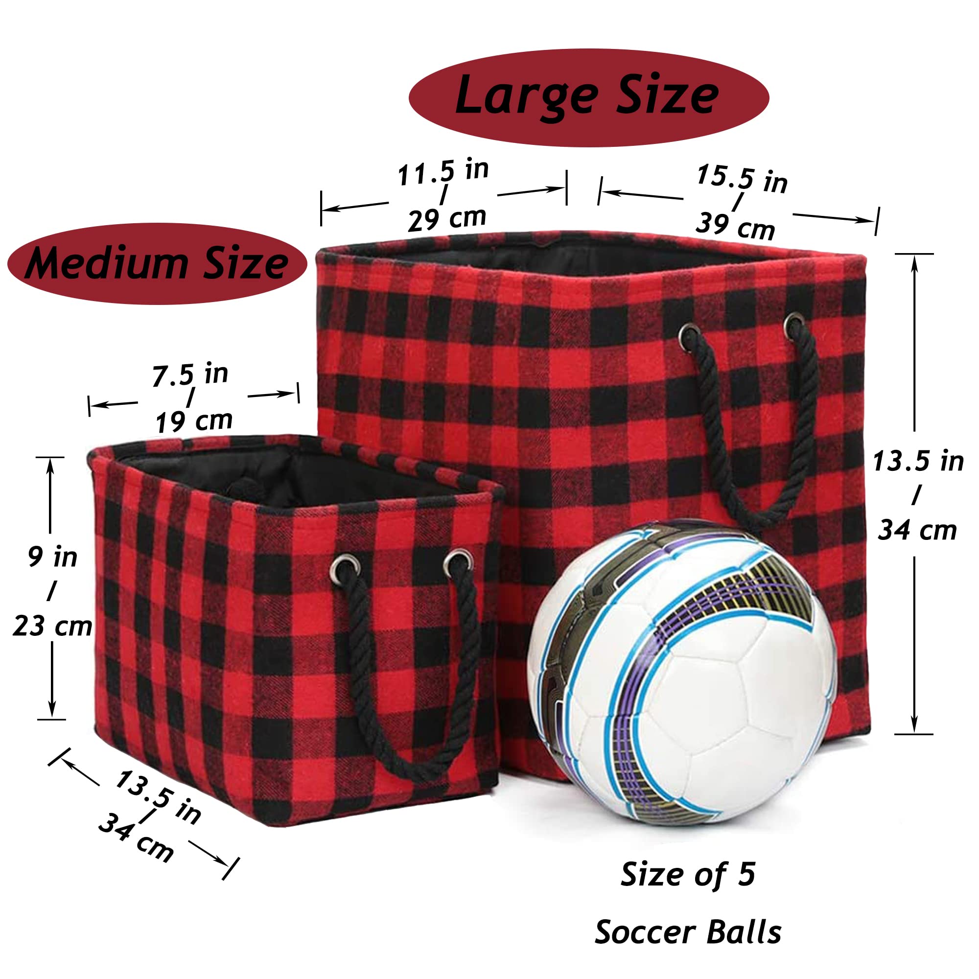 Large Rectangular Foldable Storage Laundry Baskets with Cotton Rope Handles Nursery Soft Felt Fabric Bins Delicate Home Organizer Solution, Red Black Grid, L