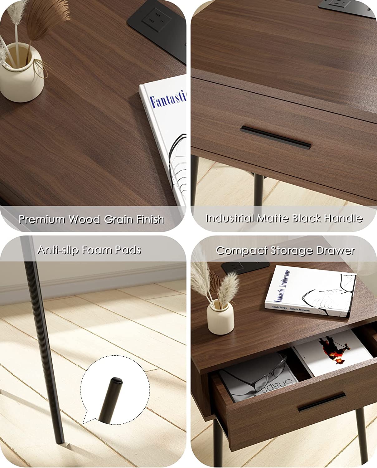 HAIOOU Set of 2 Mid Century Nightstand with Charging Station, End Table Modern Side Table One Drawer with Premium Matte Black Handle and Pine Wood Legs for Home Bedroom Living Room