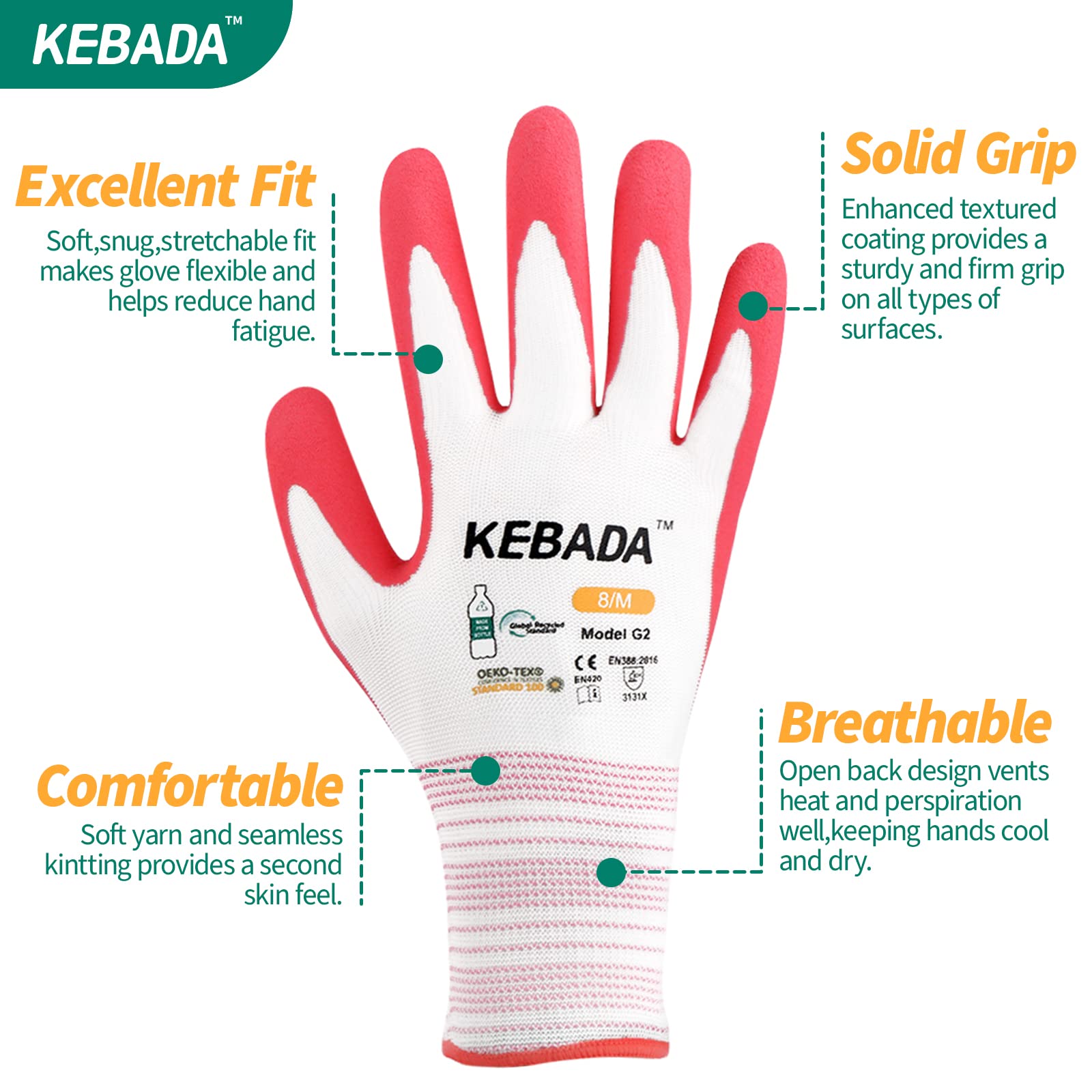 Kebada Gardening Gloves for Women, 6 Pairs Latex Coated Yard Gloves, Micro-Foam Textured Coating on Palm & Fingers, Breathable Womens Work Gloves, High Visibility, Medium, Aqua & Red