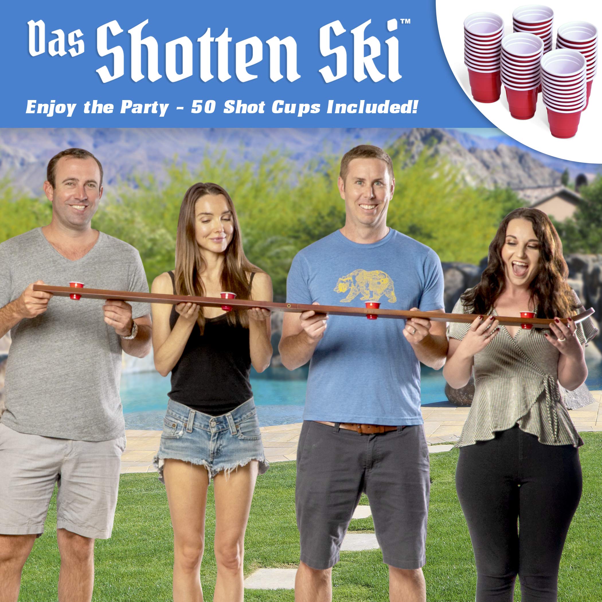 GoPong Slamski - Retro and Vintage Wood Design 4 Person Drinking Ski with 50 Plastic Shot Glasses