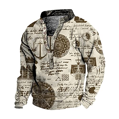 Men's Large Size 6 Button Sweatshirt Fashion Long Sleeve Casual V Neck Pullover Tops 3D Digital Print Vintage Tshirt Black High Top Men Men's Sweatshirts Hoodies Top for Men Mens Tanks