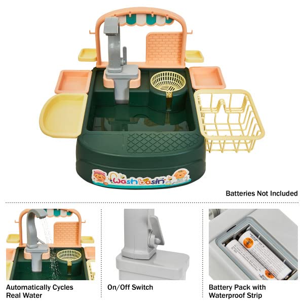 Hey! Play! Play Kitchen Set for Kids โ Functional Sink Water Toy with Automatic Cycling System โ Dishwashing Playset with Fun Accessories
