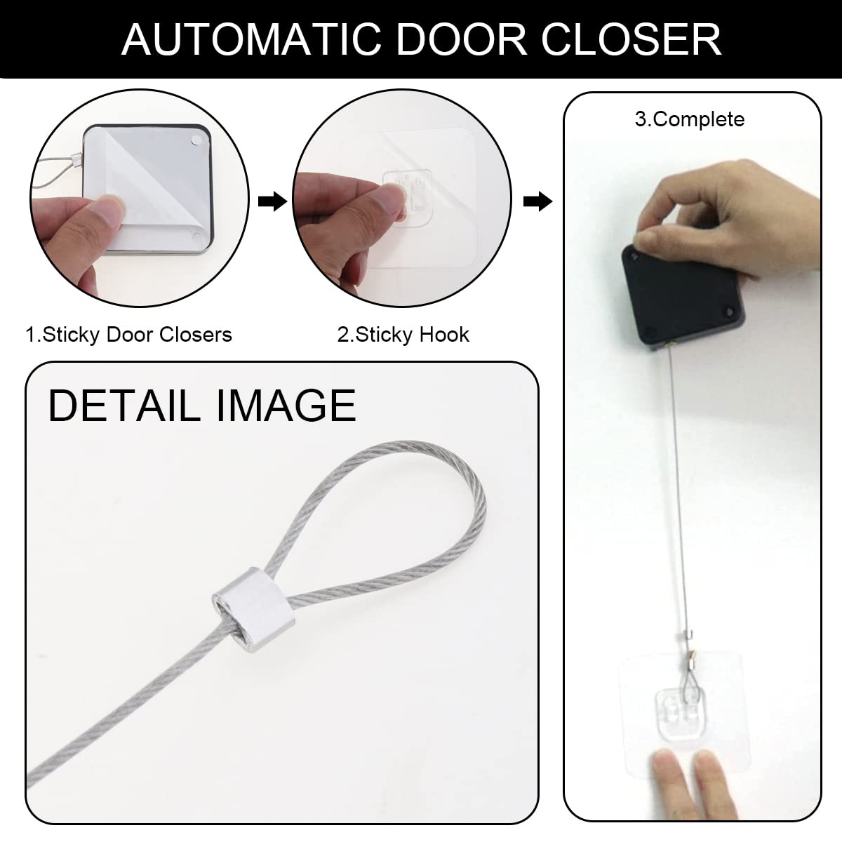 HOJLKLD Punch-Free Automatic Sensor Door Closer, 2 Pack 1000G Power Multifunctional Door Closer with Steel Drawstring for Residential Commercial Doors (Black)