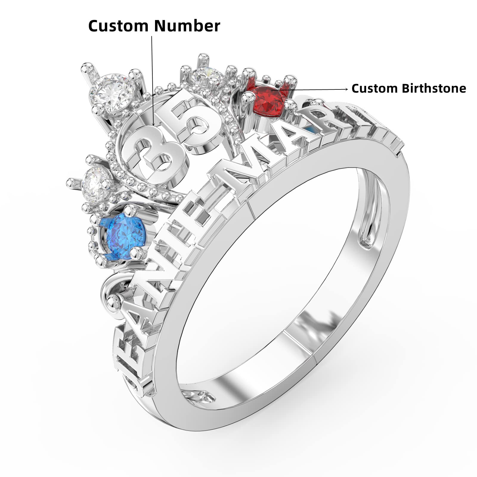 Luxladis Creative 3D Custom Name Initial Ring with Princess Crown Birthstone Rings for Women Bride Engagement Ring Dainty 925 Sterling Silver Personalized Promise Rings for Her (custom name & number)
