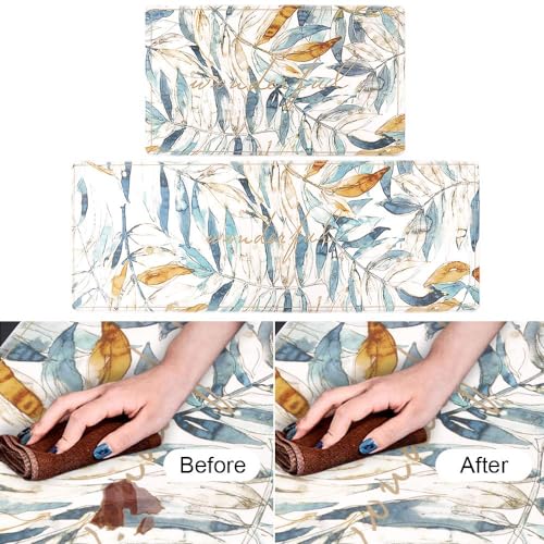 Kitchen Rug Set, LEEVAN Kitchen Floor Mats 2 Piece PVC Leather Anti Fatigue Comfort Heavy Duty Waterproof Oil Proof Non-Skid Rubber Back Washable Doormat Bathroom Area Rug(17" X 29"+17" X 59", Leaves)