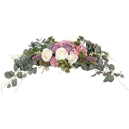 HiiARug Artificial Rose Flower Swag, 31 Inch Decorative Swag with Dusty Rose Hydrangeas Eucalyptus Leaves for Home Room Garden Lintel Wedding Arch Party Decor (Ivory Dusty Rose,31")
