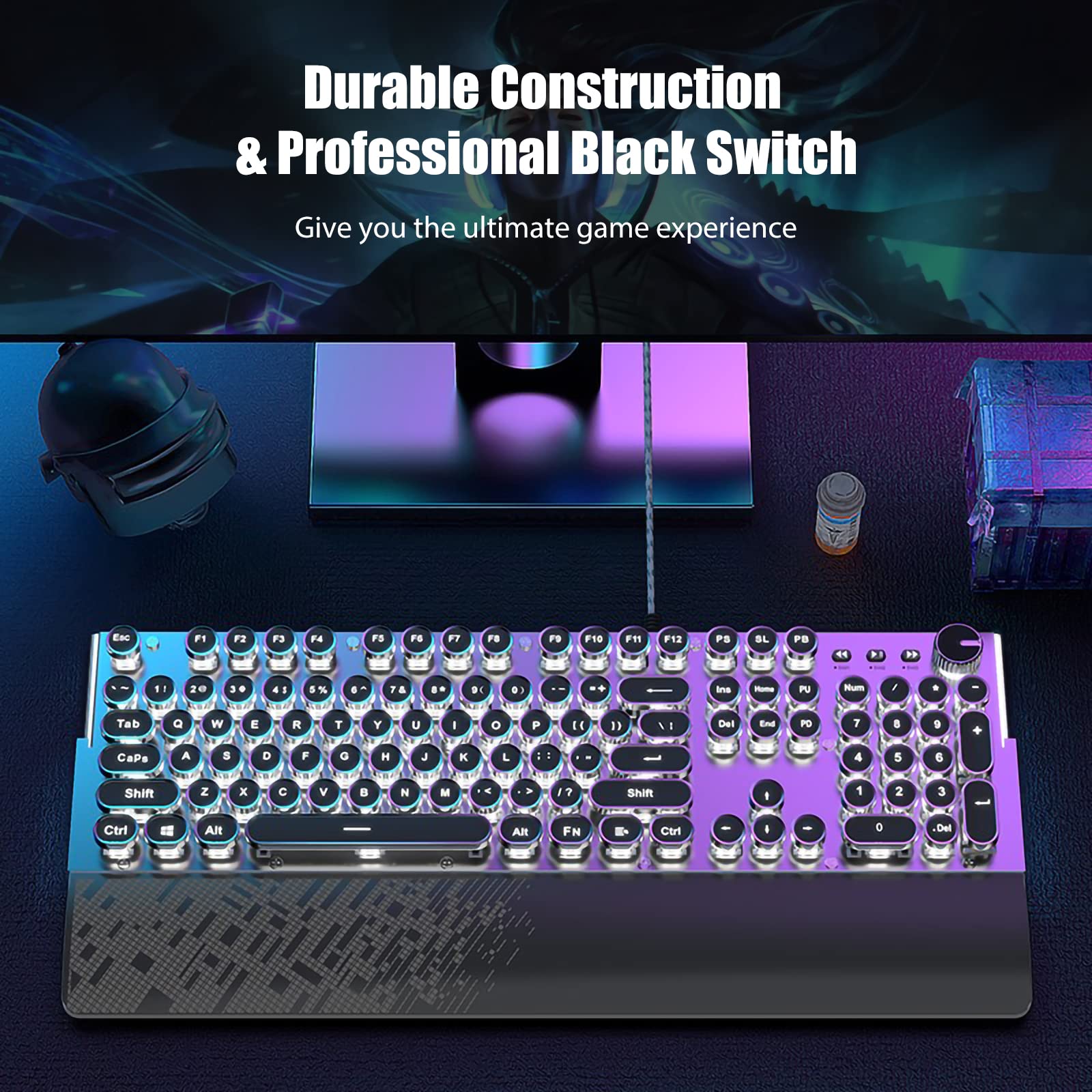 MYKYLIN Typewriter Keyboard Mechanical Gaming Keyboard White LED Backlit Removable Magnetic Wrist Rest Multifunction Knob 104-Key Anti-Ghosting Black Switch Retro Steampunk Round Keycaps Wired USB
