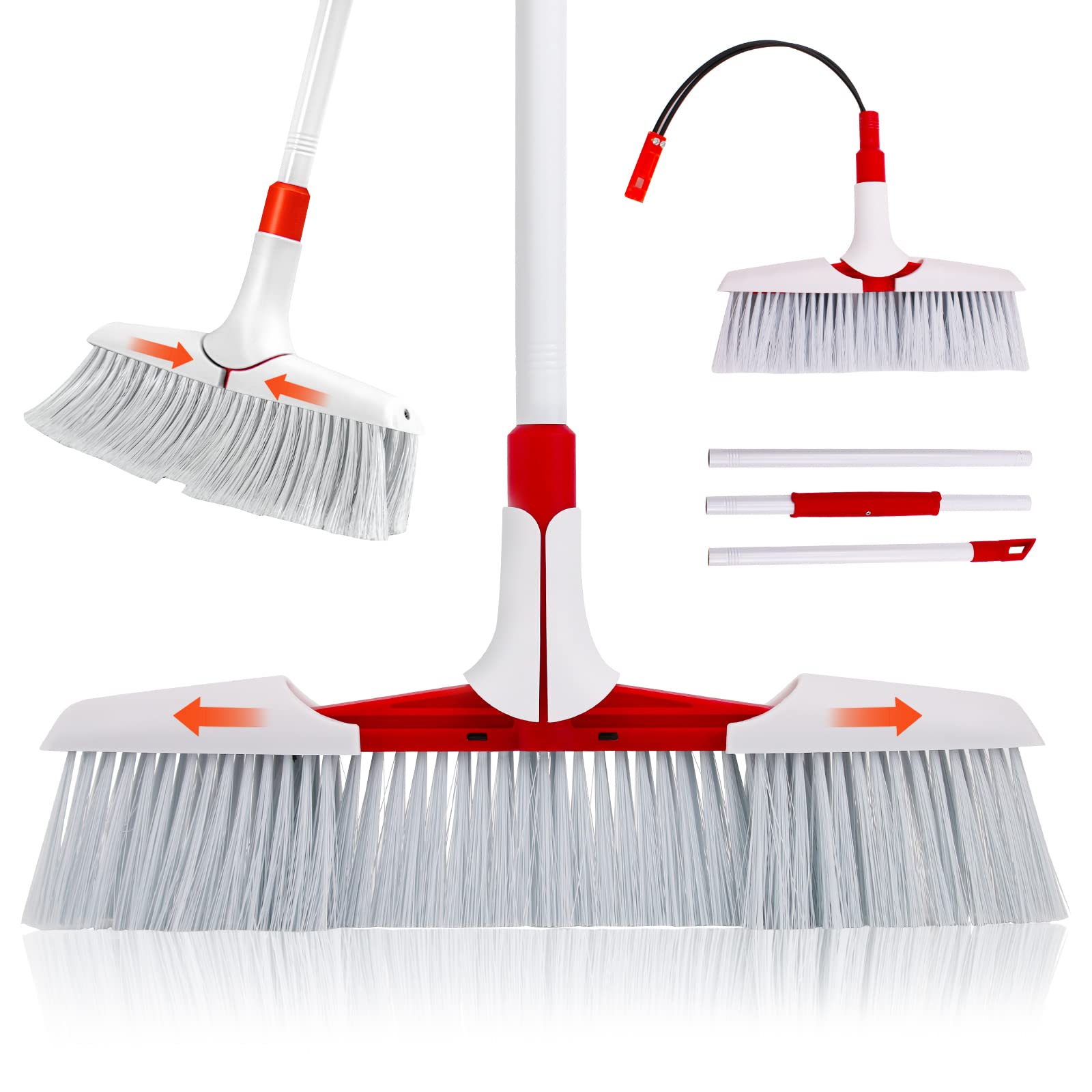 Rebussin® Magic Broom 20 inch - Sweeper with Retractable Head and Thin Bristles for Cleaning Home Kitchen Patio Hall Malls 2023 Upgrades(White with Red)
