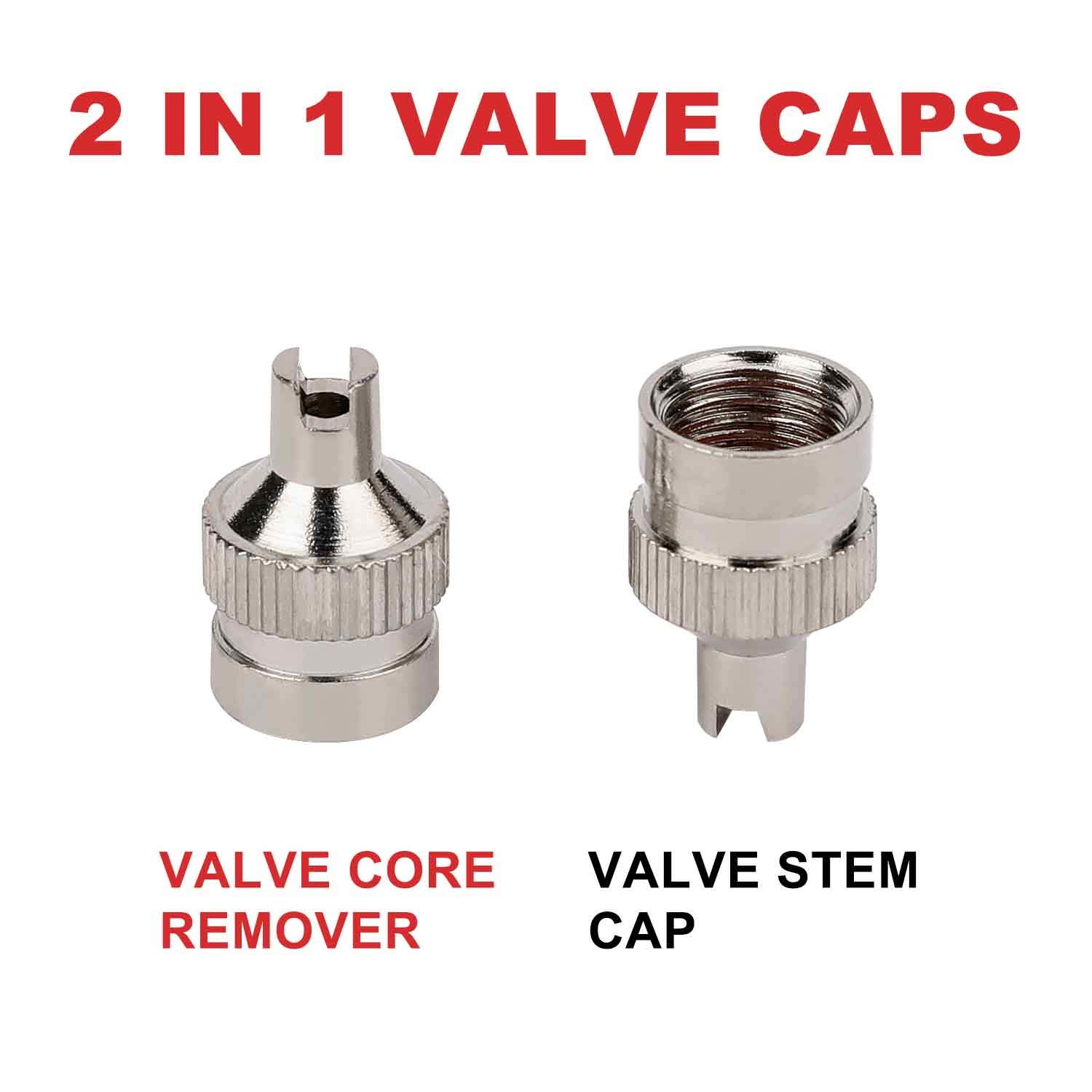 Hromee Tire Valve Stem Tool Puller and Installer Kit, 4PCS TR413 Tubeless Snap-in Valve Stem with Valve Stem Cores, Single Head Valve Core Remover and Slotted-Head Valve Cap