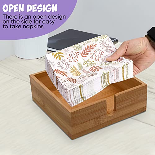 KOVOT Bamboo Napkin Holder β 7"W x 7"W Flat Square Natural Wooden Napkin Tray β Table Top Decorative Tissue Paper Dispenser for Kitchen, Luncheon & Dining Table