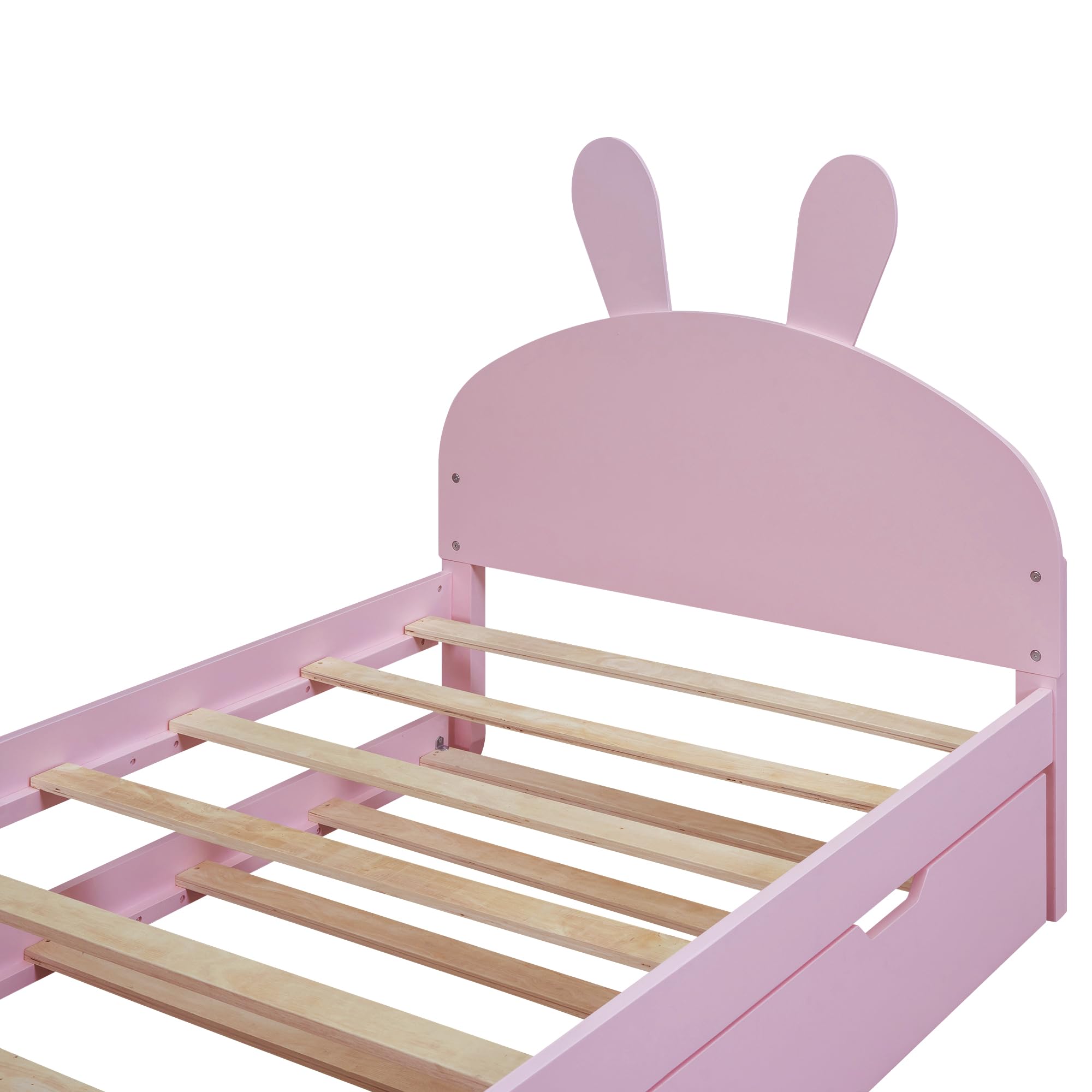 HABUHOME Wood Twin Size Platform Bed with Cartoon Ears Shaped Headboard and Trundle, Pink
