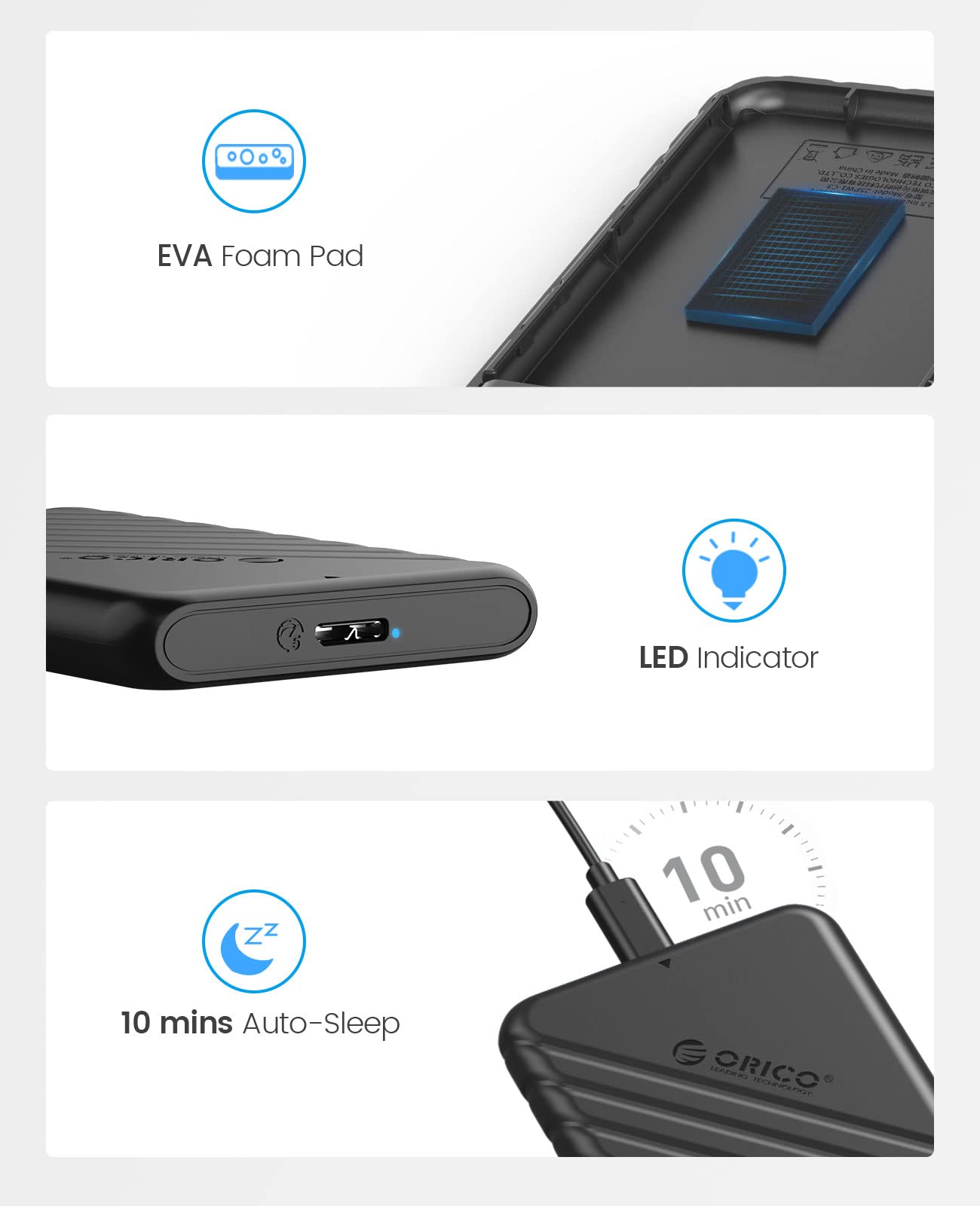 ORICO 2.5 inch USB C Hard Drive Enclosure USB 3.1 Gen 1 to SATA III External Hard Drive Case for SSD HDD 9.5 7mm Tool-Free with UASP, Black (25PW1-C3)