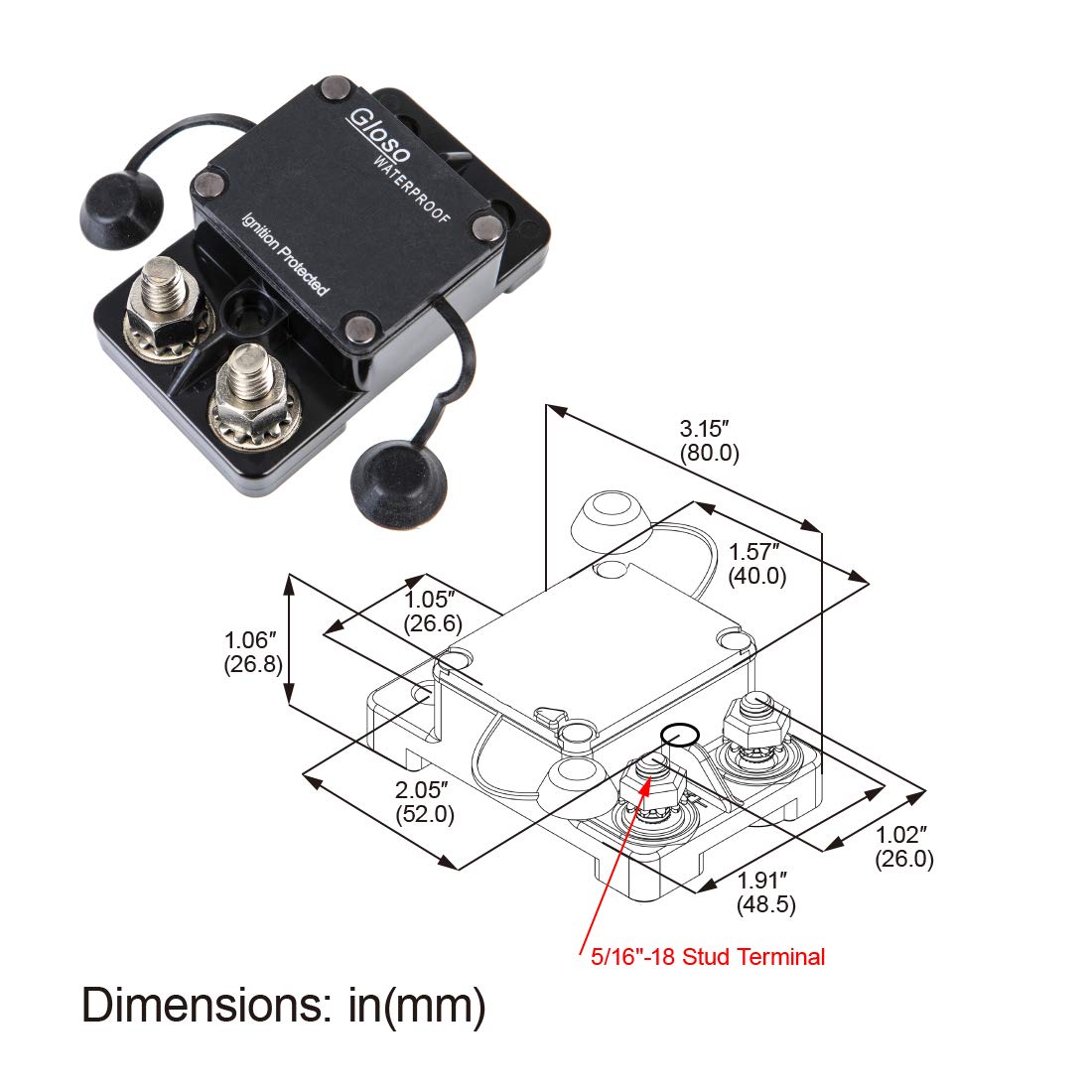 GLOSO Circuit Breaker E9A Waterproof Breaker Auto Reset (T1) 150A Side by Side Stud IP67 Marine Hi-Amp (150A)