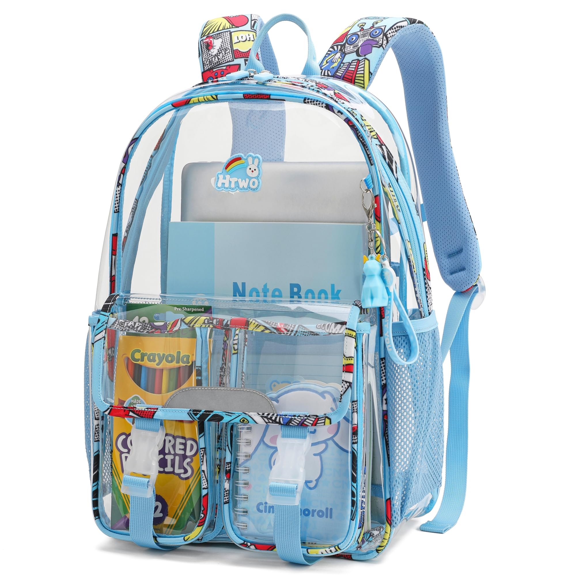 HTWO Clear Backpack For Girls Clear Book Bag Stadium Approved PVC Upgrade Backpacks For School Heavy Duty With Pendant (Dark Blue)