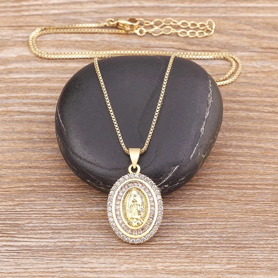 Luxury Gold Plated Long Chain Virgin Mary Pendant Necklace