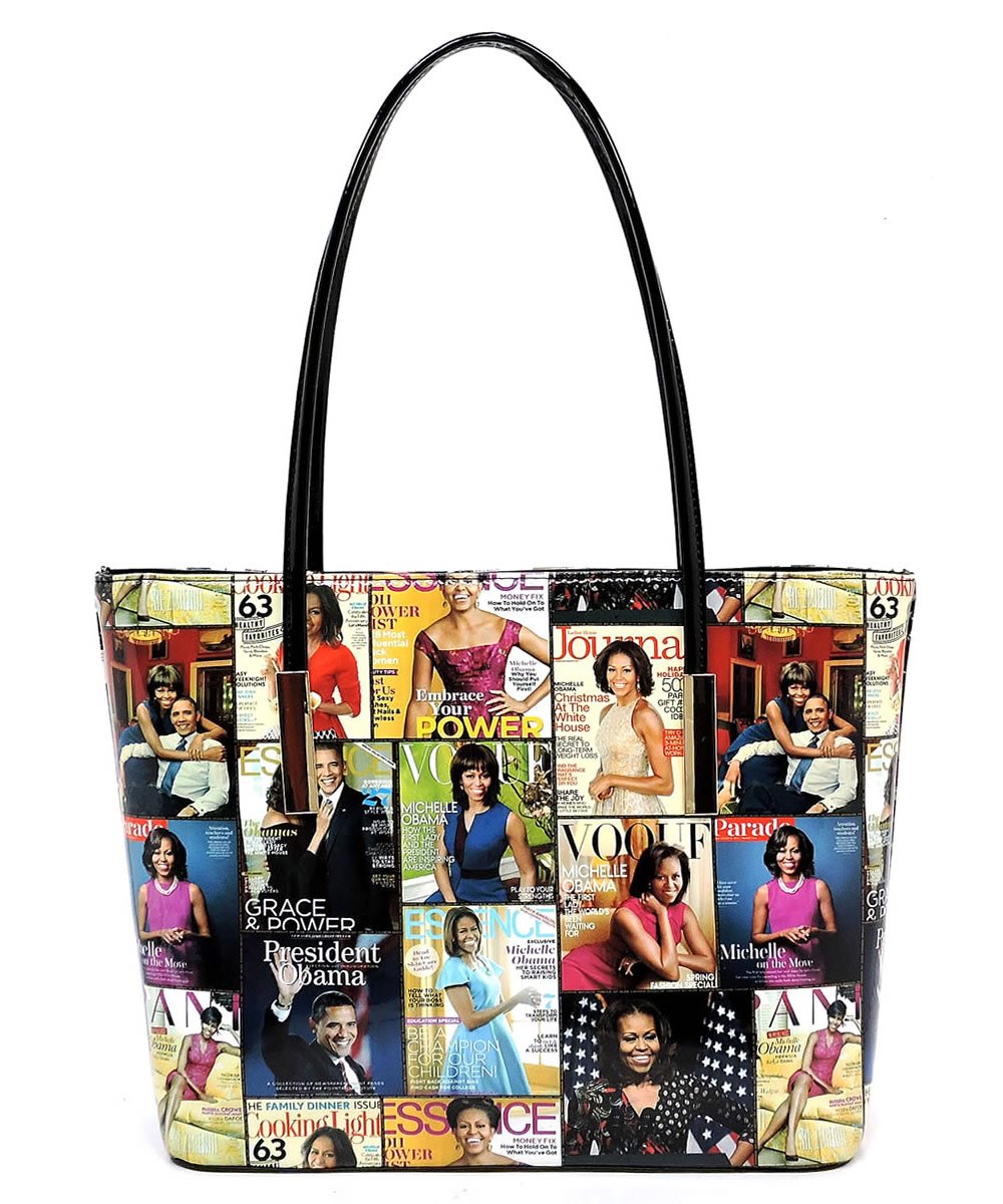 Glossy Magazine Cover Collage 3-in-1 Shopper Tote Bag Wallet Set Michelle Obama Handbag (9-Multi/Black)