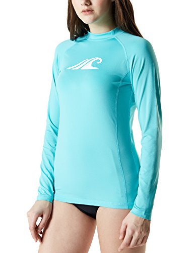 TSLA Women's Long Sleeve Rash Guard, UPF 50+ Water Beach Surf Swim Shirts, UV/Sun Protection Swim Top, Coastal Tide Print Aqua, Small