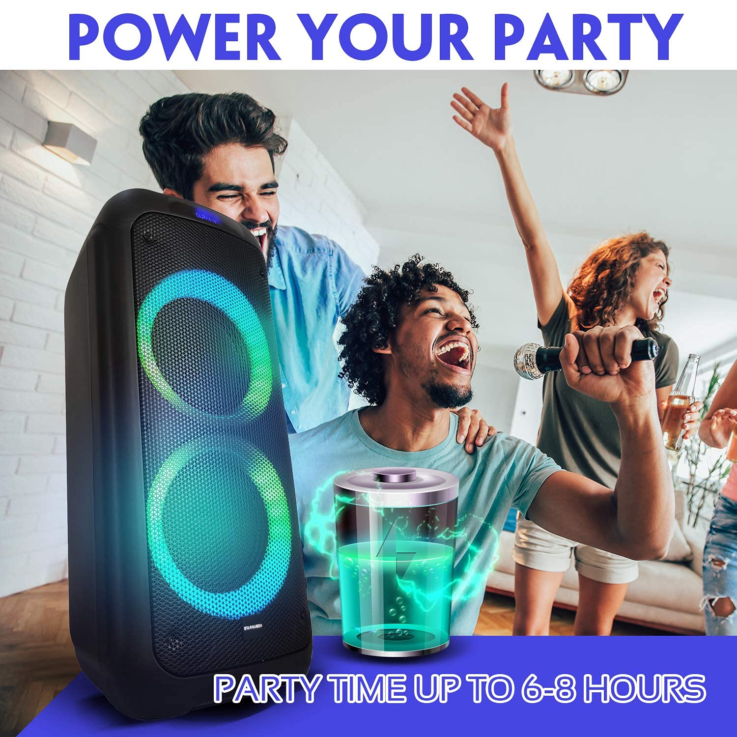 Karaoke Machine Portable Speaker for Adults Kids Portable DJ Speaker with Dual 8 Inch Woofer 2 Wireless Microphones LCD Screen