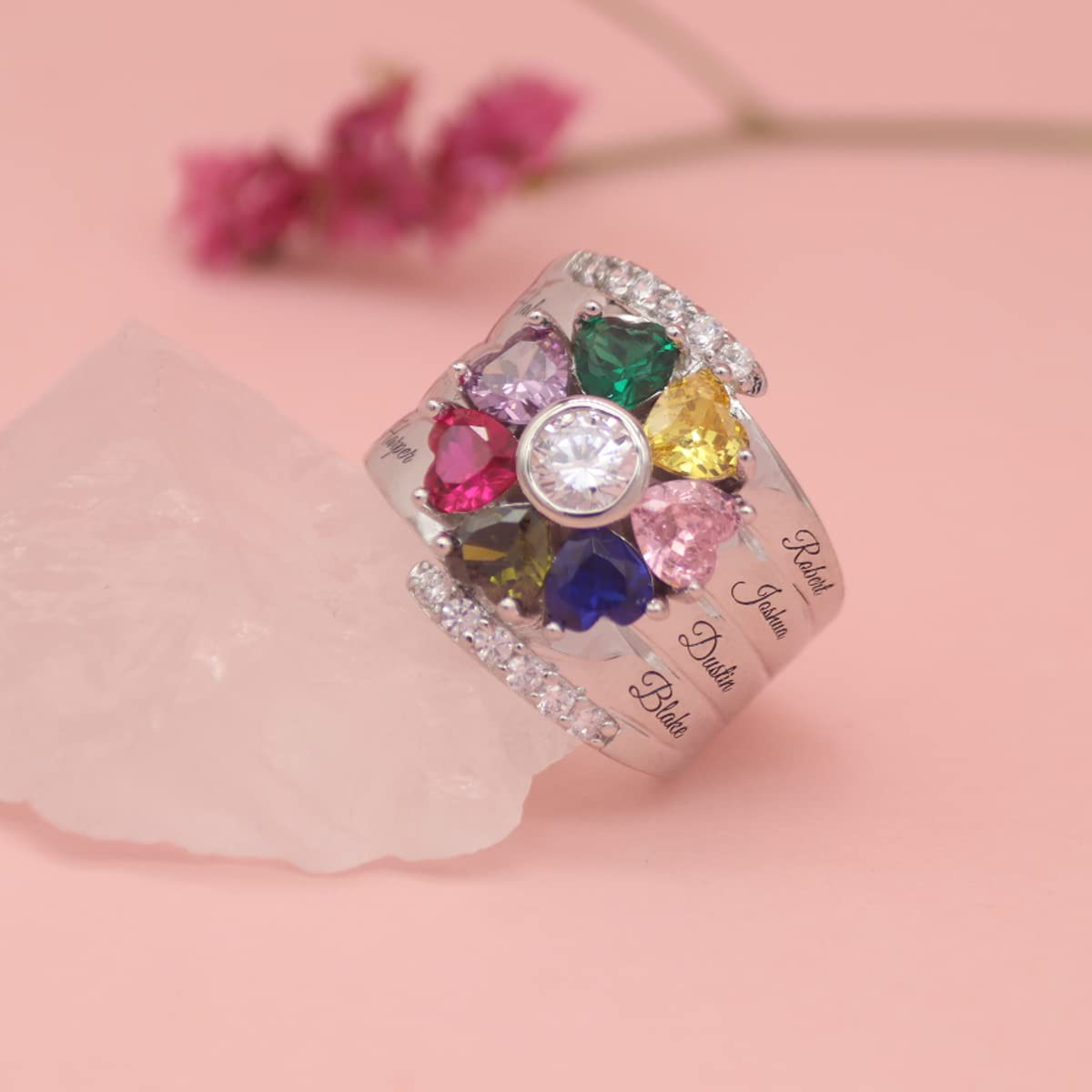 Laleonpame Custom Grandmother Ring Sterling Silver with 7 Birthstones & Names Family Wedding Band Mother's Day Ring