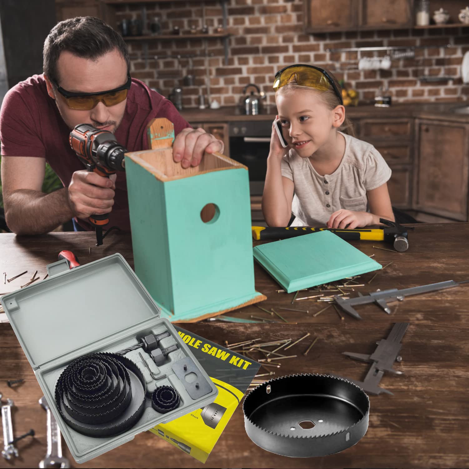 Hole Saw Kit, 6-Piece Set. Specially Constructed Heat Treated Carbon Steel, Metal Hole Saw Kit Mandrels, Ideal for Soft Wood, PVC Board,Wood, Plastic, Drywall
