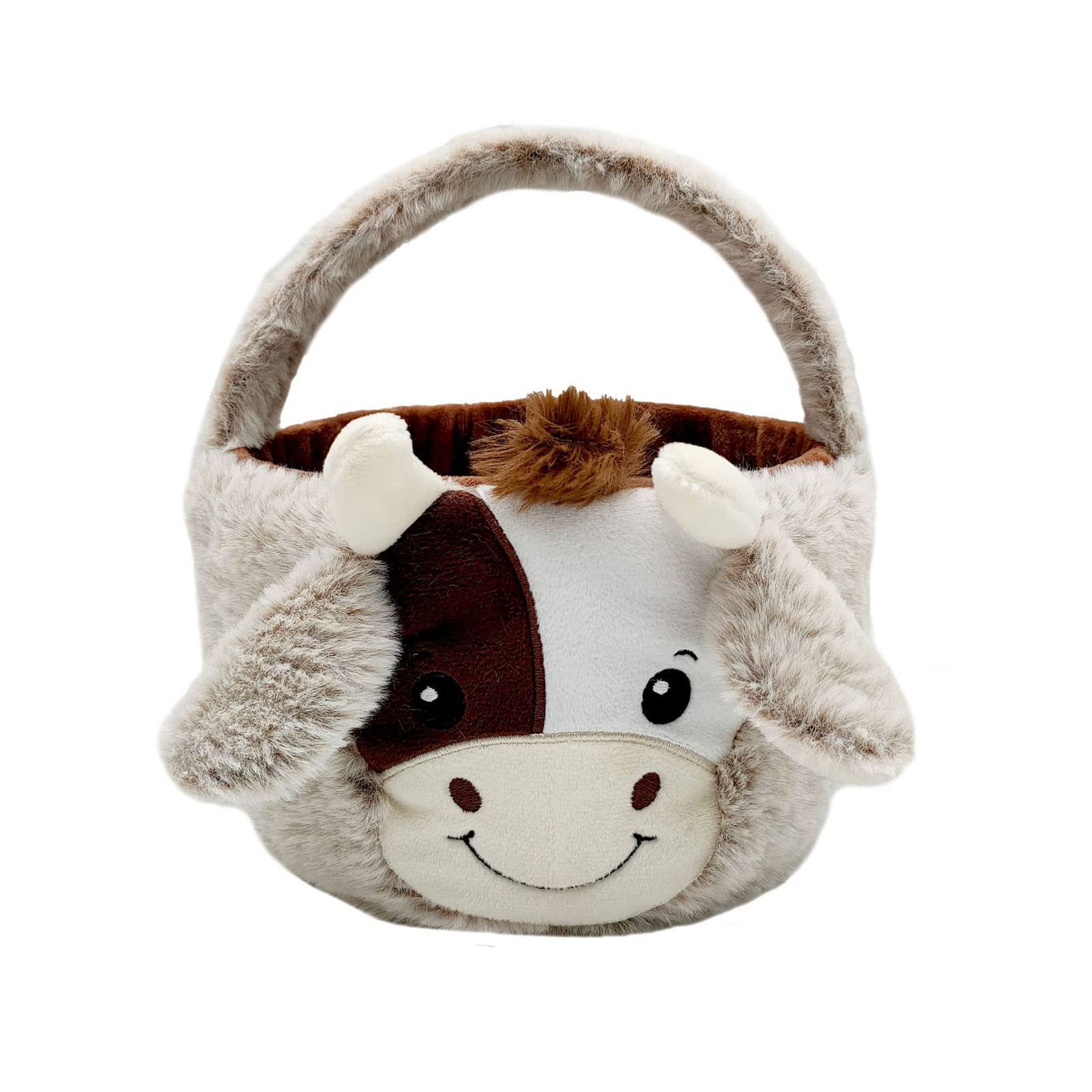 My First Easter Basket for Kids Easter Plush Cow Basket Bags with Plush Ear Easter Eggs Hunting Bag Cute Candy Gifts Storage for Boys Girls (White, 25cm)