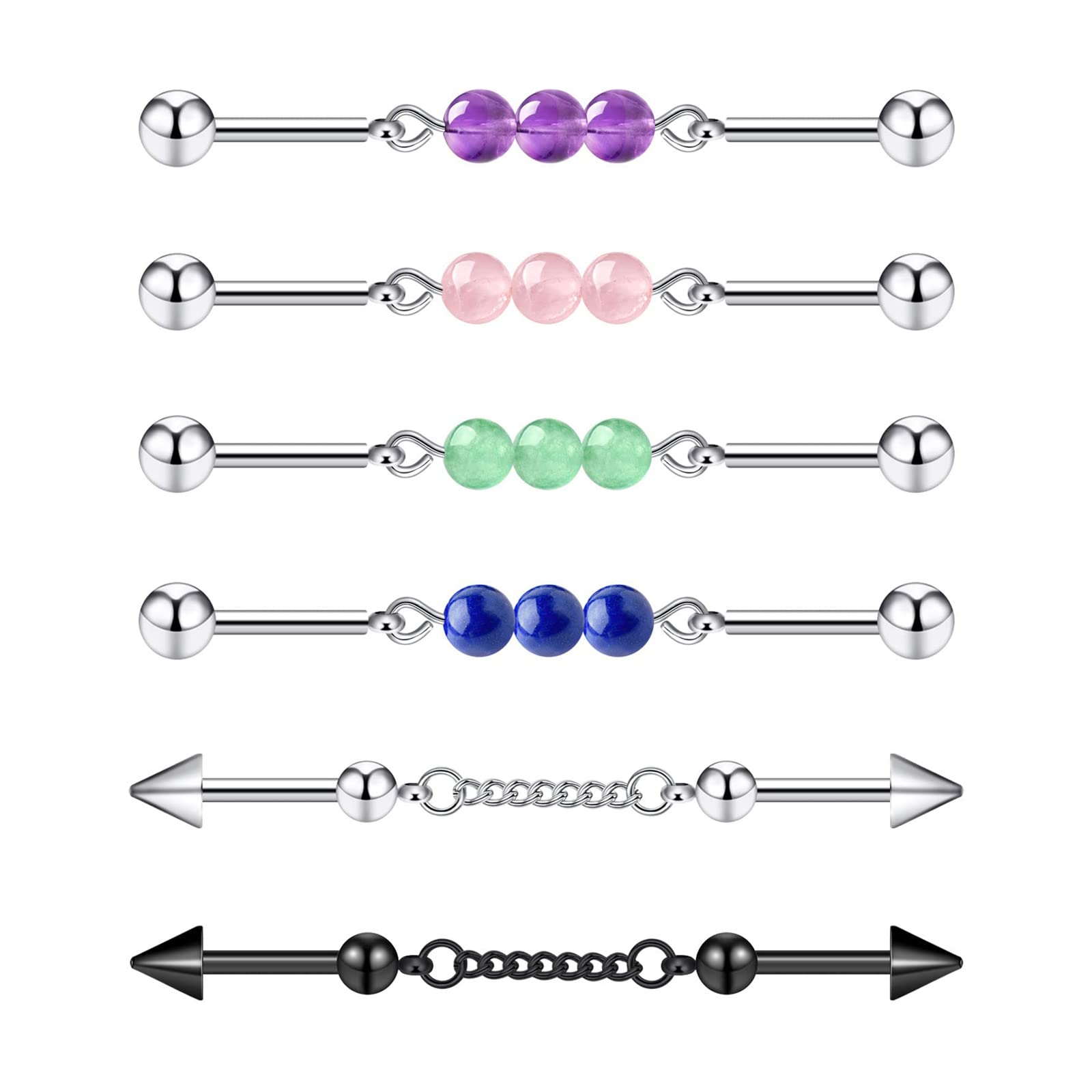 Longbeauty 14G Stainless Steel Industrial Barbell Earring Cartilage Piercing Jewelry Natural Stone Industrial Piercing Bar Length 38mm (B: 6Pcs)