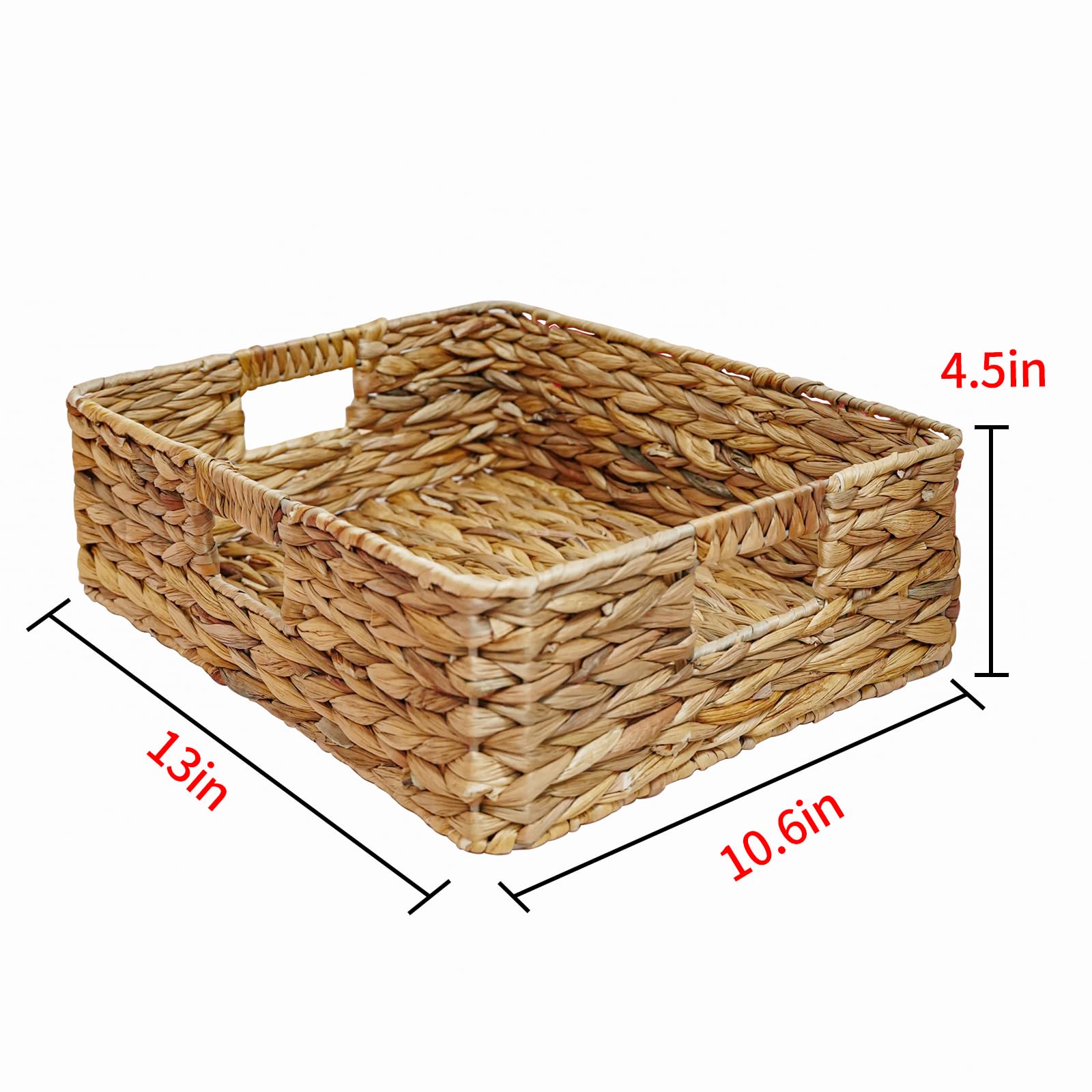 Rectangular Water Hyacinth Storage Baskets, Wicker Storage Baskets for Shelves, Square Shallow Basket, Woven Drawer Basket With Handle, 15.2” L x 12” W x 4.7” H