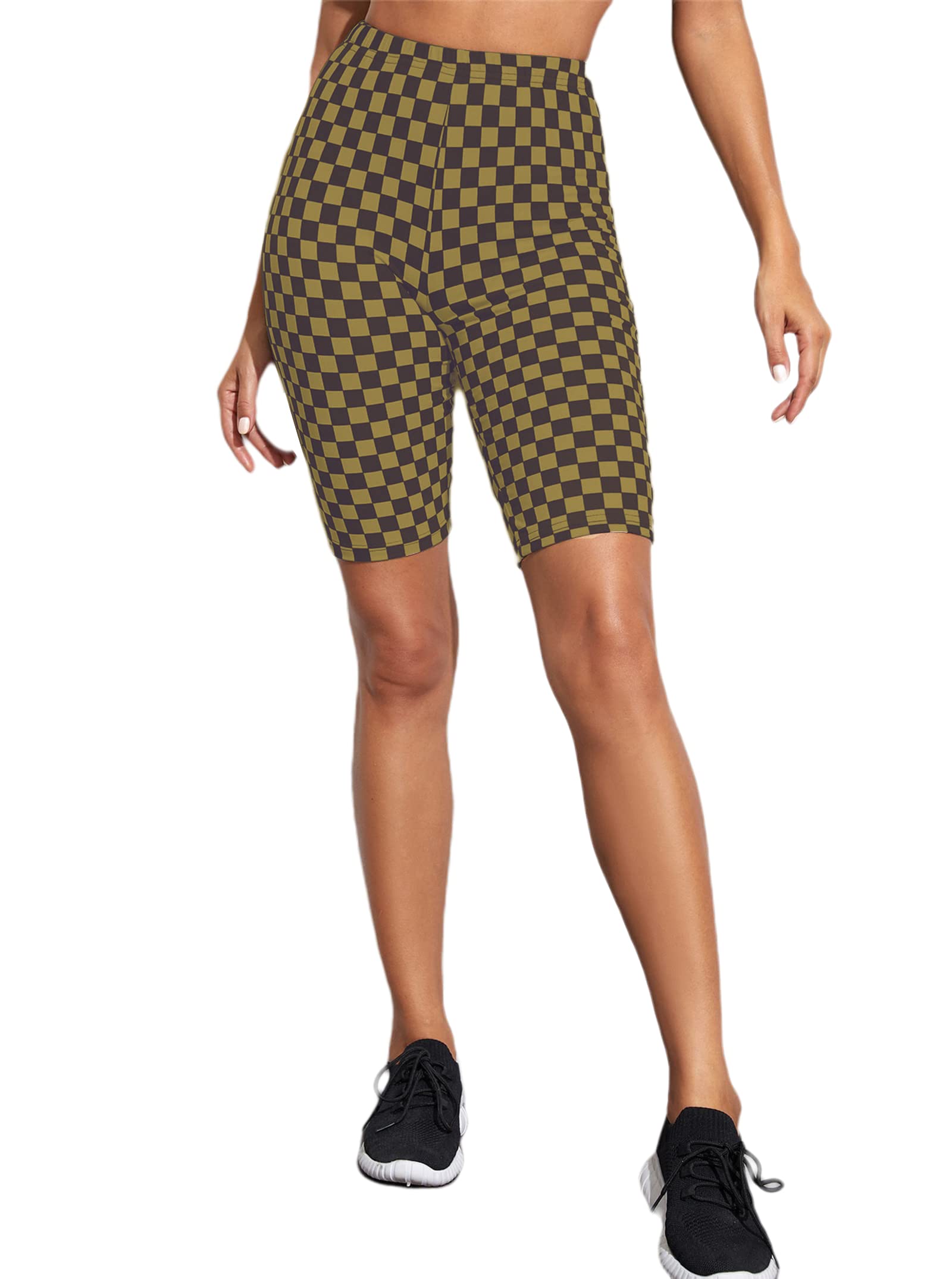 LilyCoco Womens Checkered Biker Shorts High Waist Gym Shorts Cycling Workout Yoga Short Tights Brown Checkered Medium