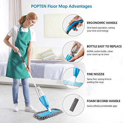 Microfiber Spray Floor Mops for Floors Cleaning, POPTEN 360 Degree Cleaning Kitchen Mop with 640ML Refillable Bottle,3 Washable Mop Pads and 1 Scraper Dust Mop Wet Mop for Laminate,Hardwood,Ceramic