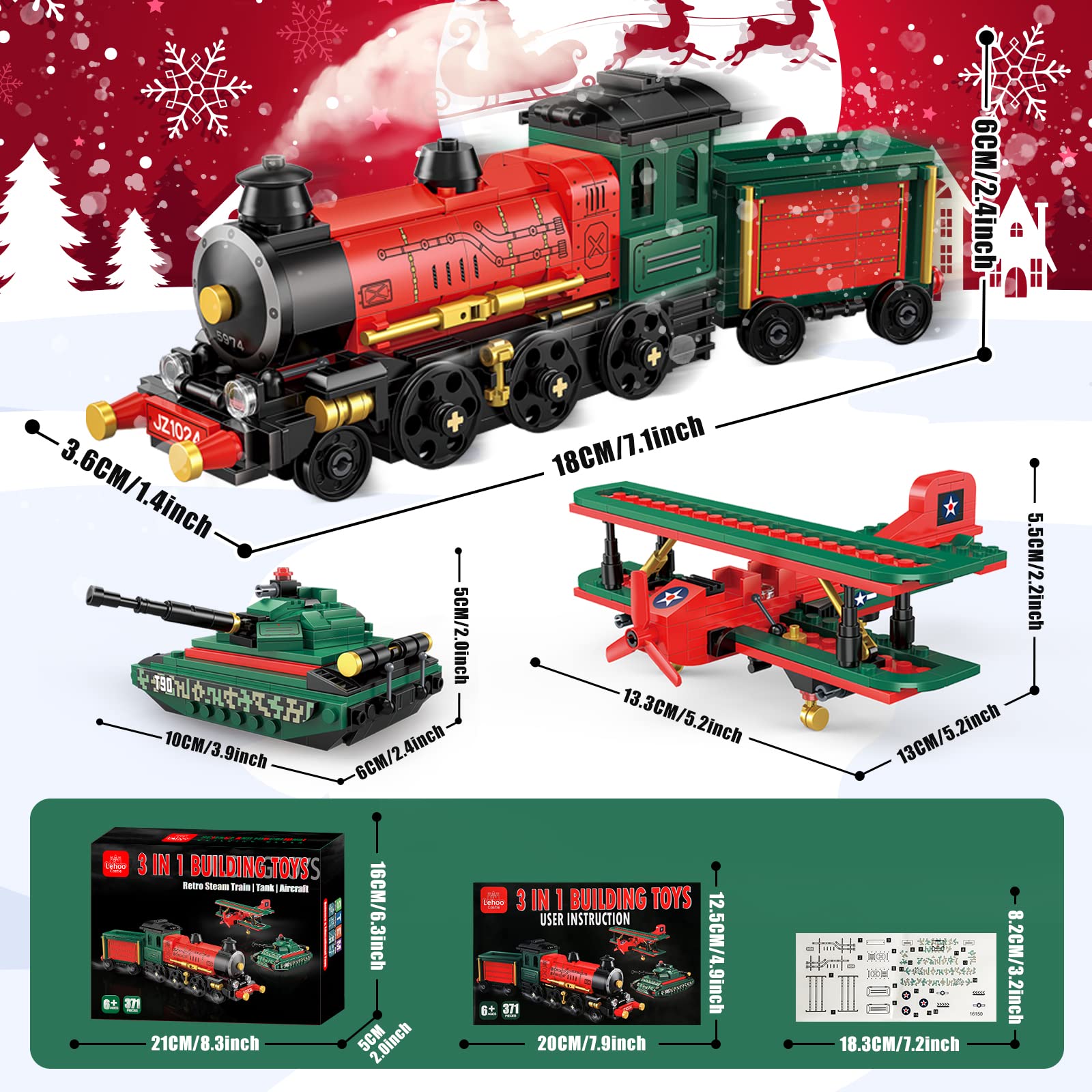 Lehoo Castle Train Set, 3 in 1 Toy Building Sets, Creative Educational Birthday Gift, Include Train Tank Airplane, Stem Projects for Kid Boy Girl 6 7 8 9 10+, 371 Pieces