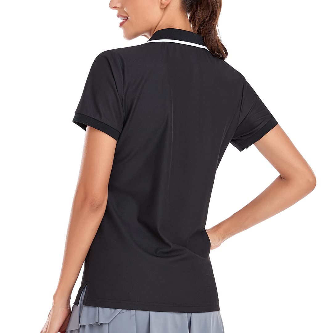 Jusfitsu Women's Tennis Shirt Short Sleeve Quick Dry 4-Button Sport Active Tops Sides Hollow Golf Polo Shirts S Black