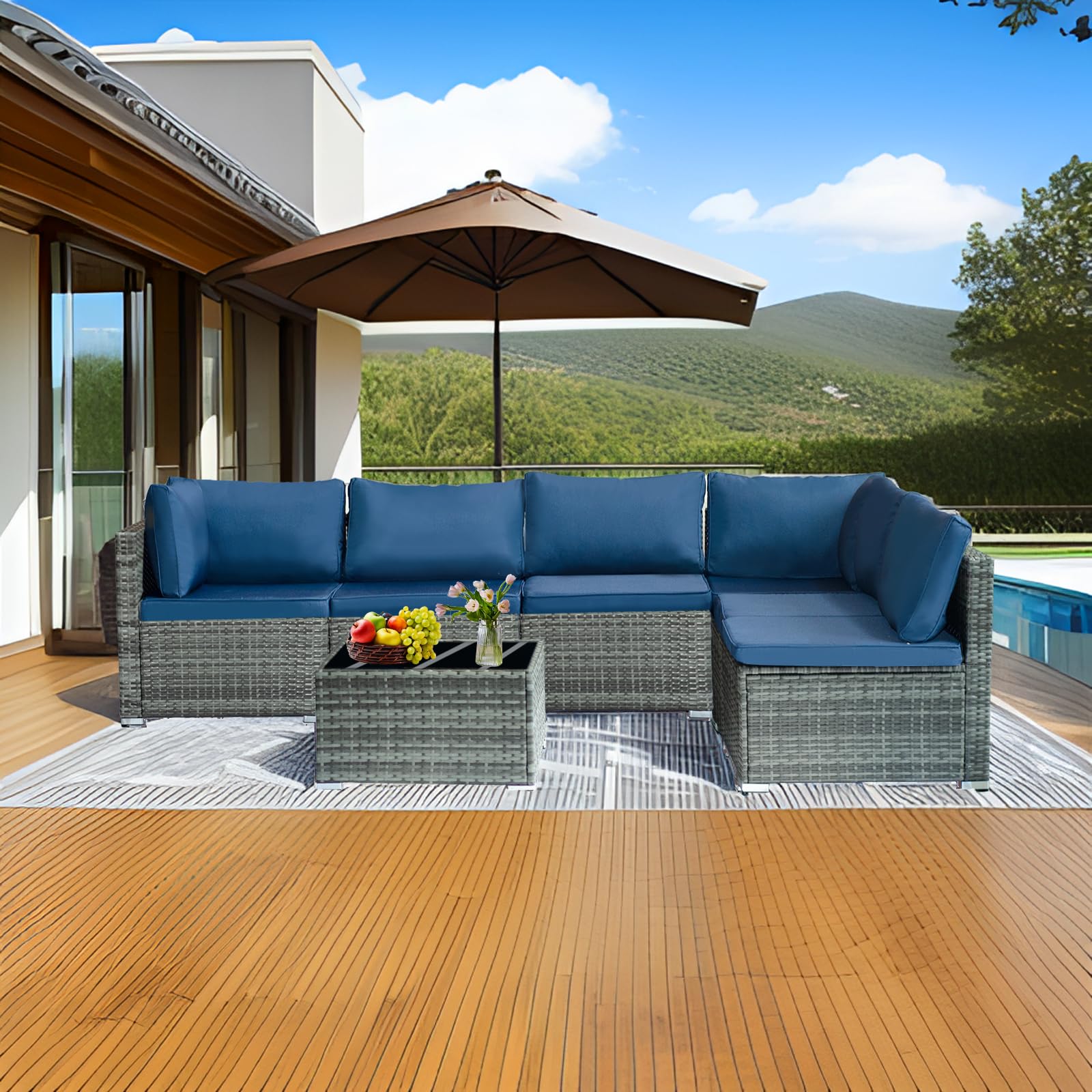 PatLoom 7-Piece Outdoor Furniture Set, Wicker Patio Sofa, Elegant Patio Conversation Set with Glass Top Coffee Table, Cushioned Sectional Sofa for Garden, Backyard, Poolside, Balcony (Brown&Grey)
