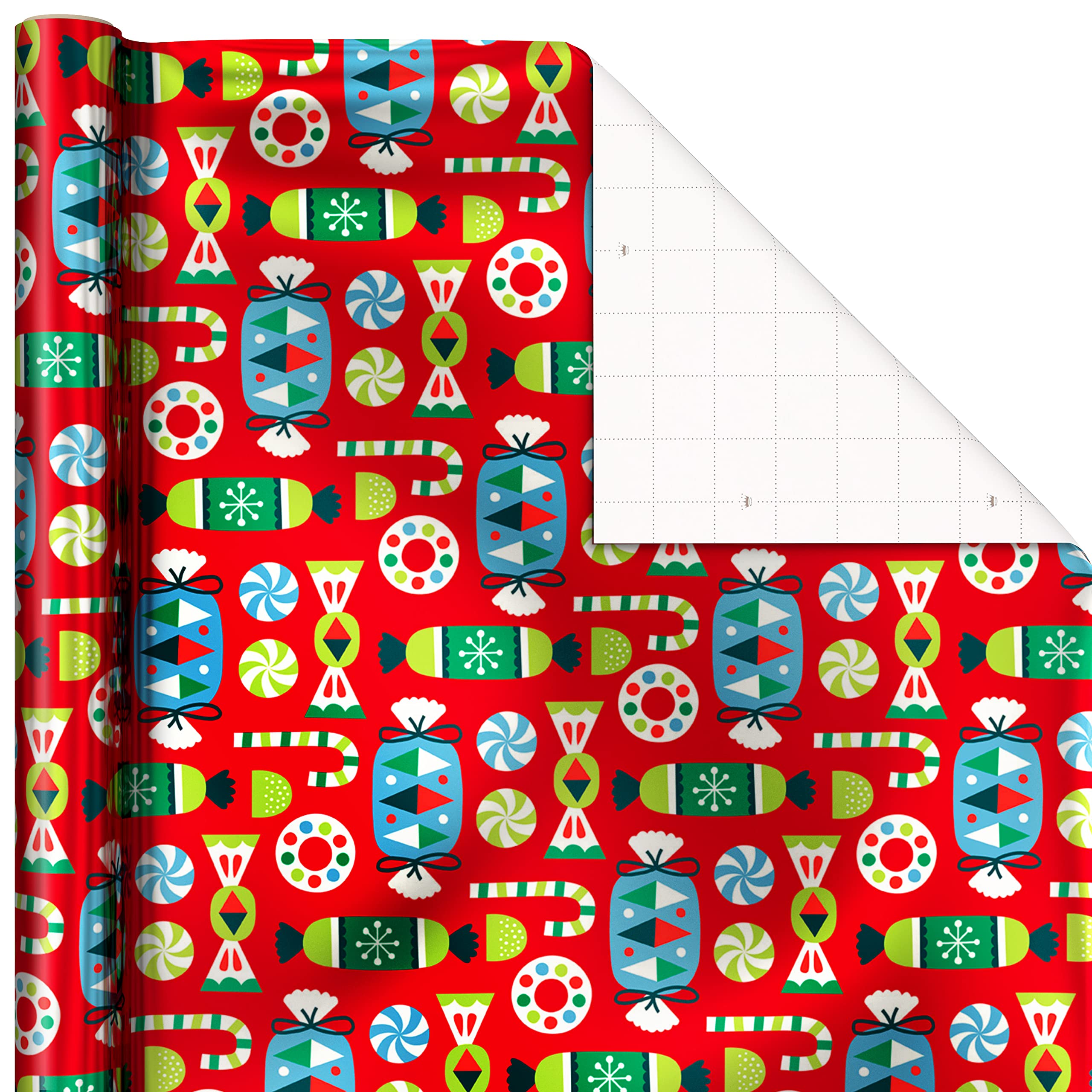 Hallmark Foil Christmas Wrapping Paper with Cut Lines on Reverse (3 Rolls: 60 sq. ft. ttl) Cute Santa, Colorful Candy Canes, Blue, Green, Red Stripes