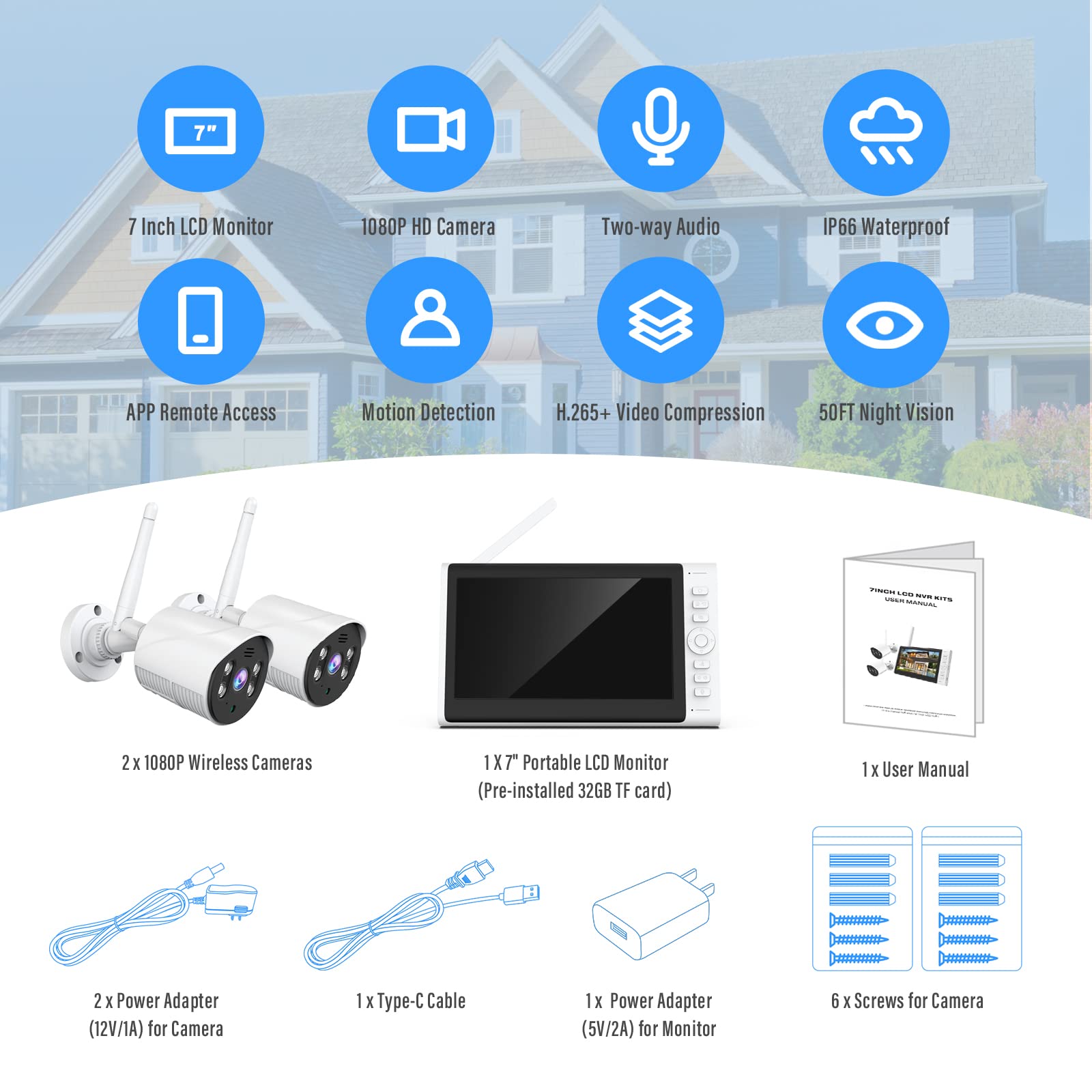Security Camera System Wireless Outdoor with 7" Portable Monitor, 4Ch Rechargeable NVR with 2Pcs 2MP Home Security Cameras & 32GB SD Card, No WiFi Need, 2 Way Audio, IP66 Waterproof, APP Remote Access