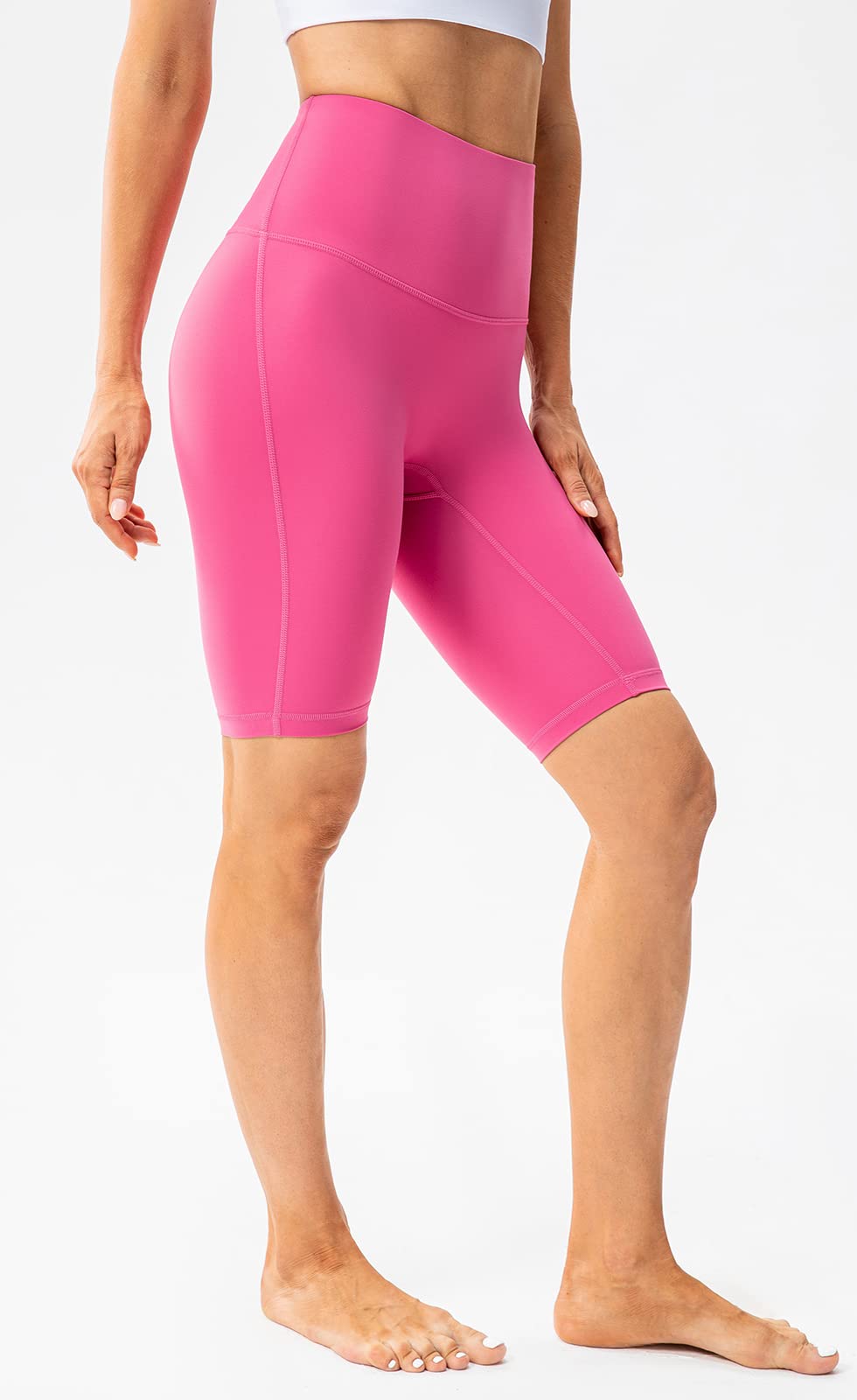 Lavento Women's High Waisted Biker Shorts 8" - No Front Seam Workout Yoga Gym Shorts (Hot Pink, 6)