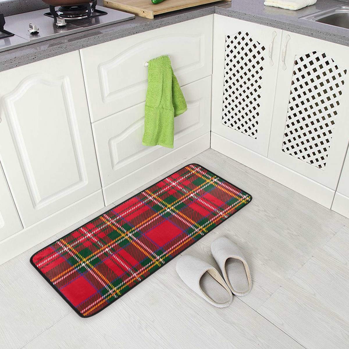 Kitchen Rugs Runner Red Green Tartan Plaid Pattern Comfort Floor Mat Bath Mats Bed Desk Bathroom Area Rug Long Doormat Carpet Home Hotel