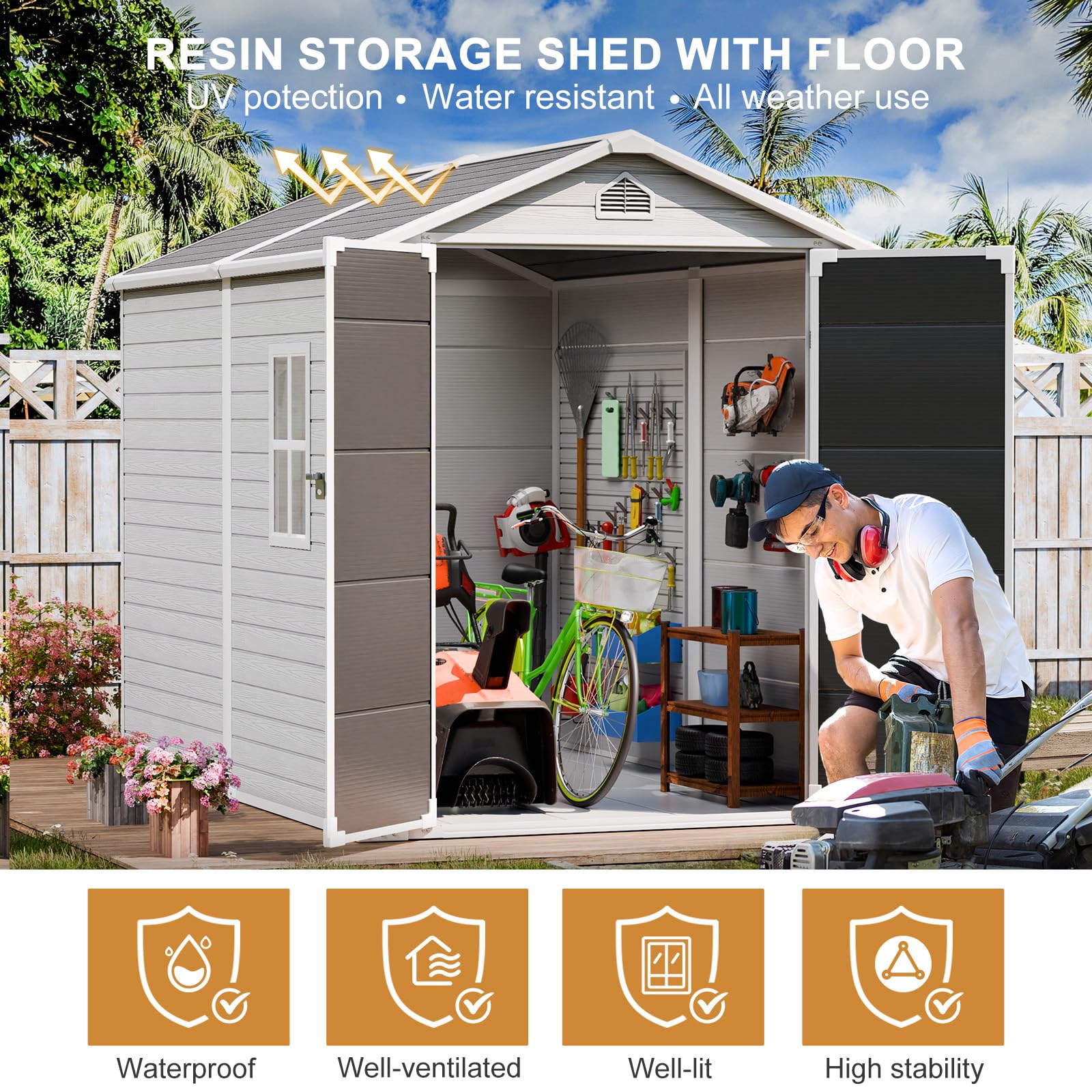 Outdoor Resin Storage Shed 8x6 FT, Plastic Shedswith Floor Window Lockable Door Included, Large Waterproof Outside Sheds Storage for Backyard Garden Patio Lawn Tools, Gray
