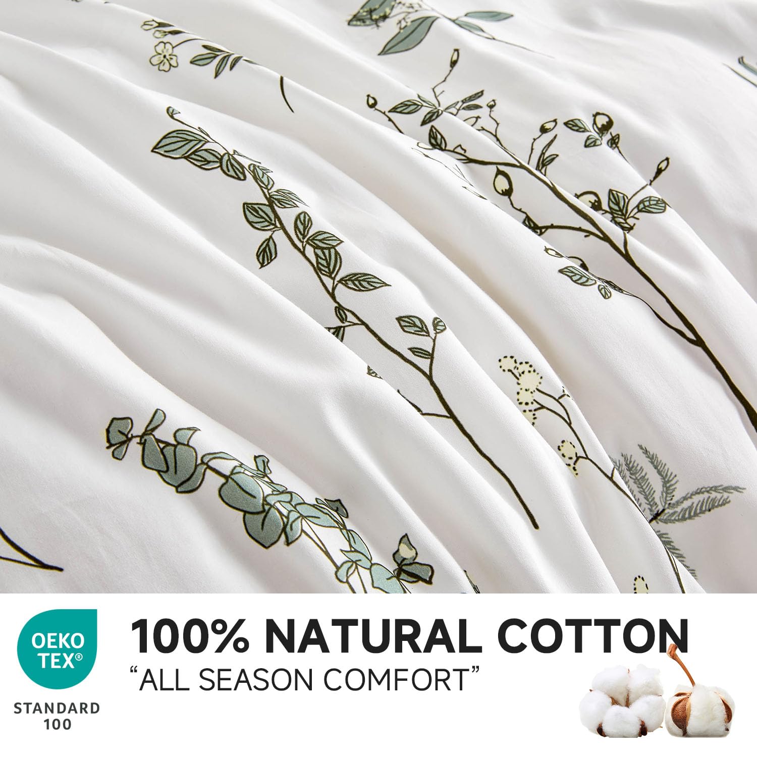 Simple&Opulence 100% Cotton Duvet Cover Set King Size, 3Pcs White Floral Botanical Printed Comforter Cover Set with Button Closure, Soft Breathable Bedding with Linen Trim for All Seasons