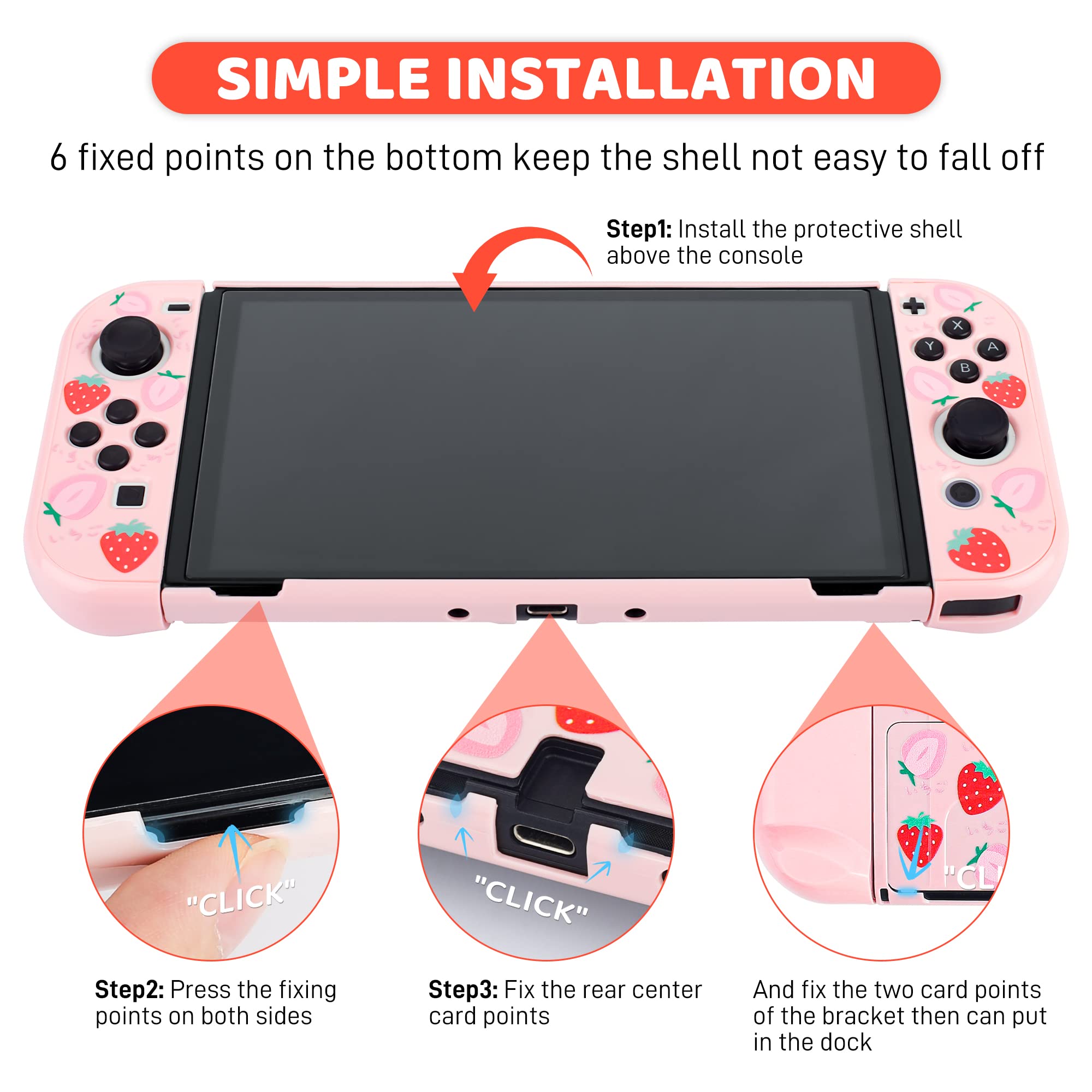 LASTYAL Sweet Strawberry Case Compatible with Nintendo Switch OLED 2021, Cute PC Pink Protective Cover for Switch OLED Console and Joycon with Screen Protector and 4 Thumb Caps