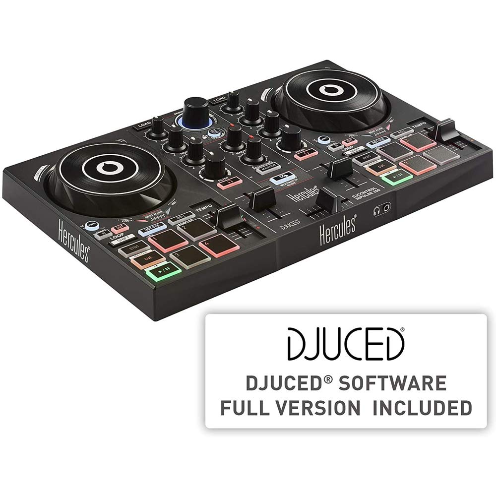 HERCULES AMS-DJC-INPULSE-200 DJControl Inpulse 200 2-Channel DJ Controller for DJUCED Bundle with Bytech Stereo Headphones DJ Style Headset (White)