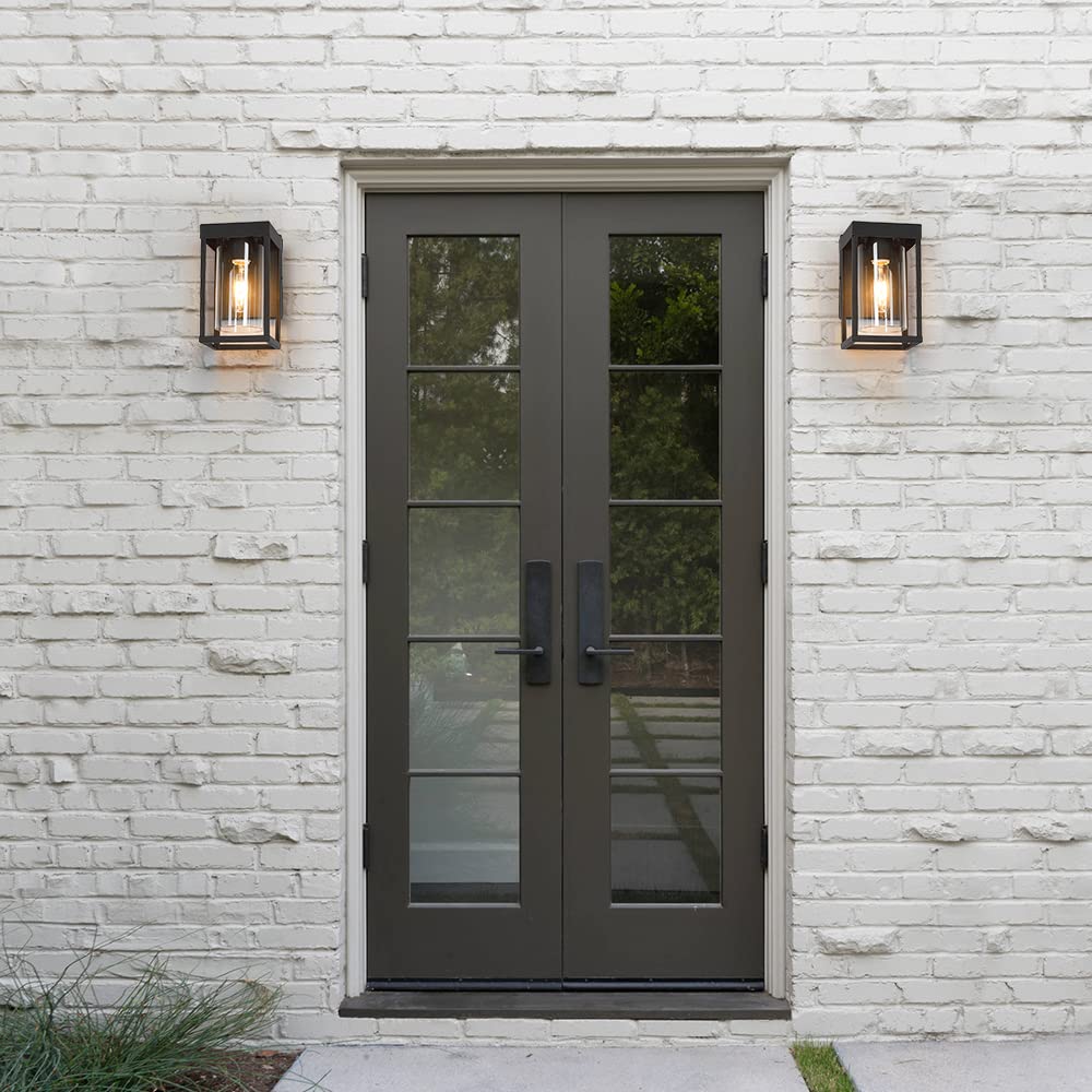 LAMPRESSION 2-Pack Black Outdoor Wall Light Fixtures, Dusk to Dawn Exterior Wall Lantern Sconce, 9" H Outdoor Porch Light Wall Mount with Clear Glass Shade