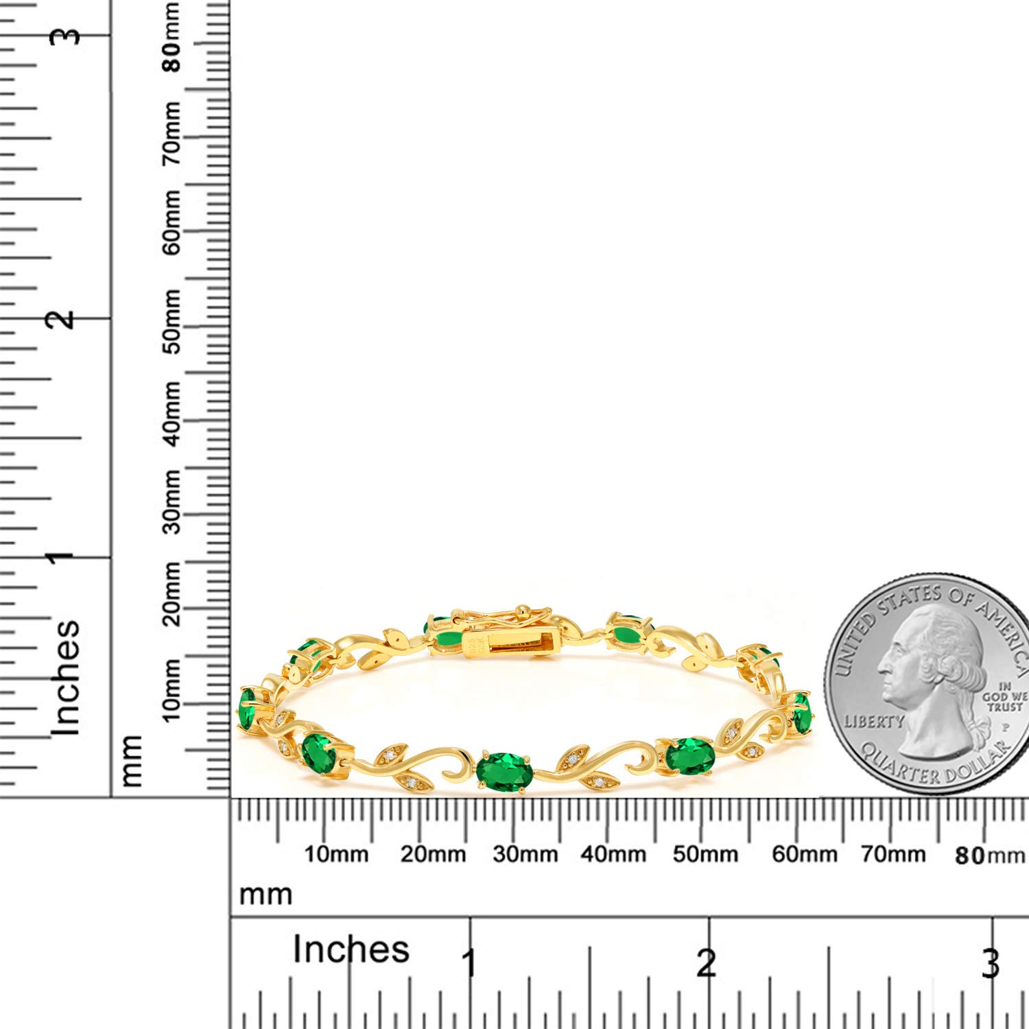 Gem Stone King 18K Yellow Gold Plated Silver Simulated Emerald Diamond Greek Vine 7 Inch Tennis Bracelet For Women