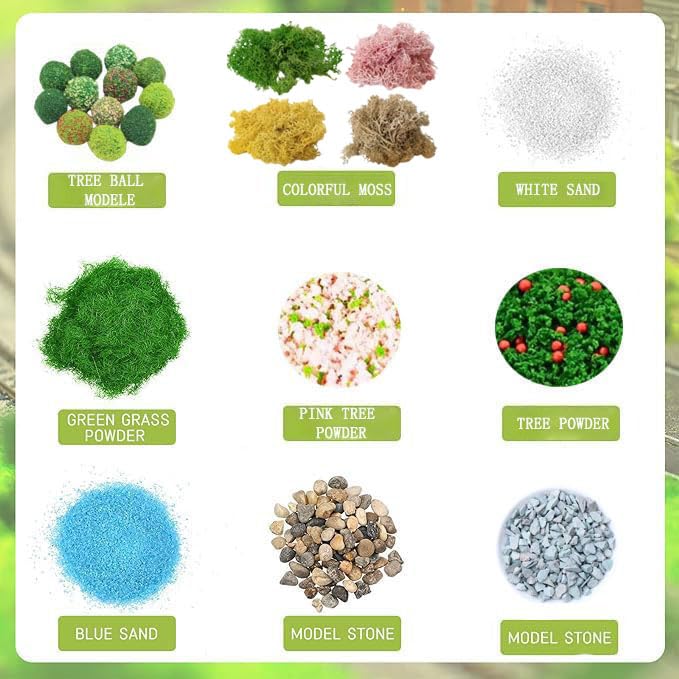 QuarenDen Scenery Miniature Basing Kit, 12 Bags, Basing Material Kit, Model Scenery Kit, Decorative Sand, Stone, Grass, Moss Stick, River for Model Railway, Fairy Garden Diorama Scenery