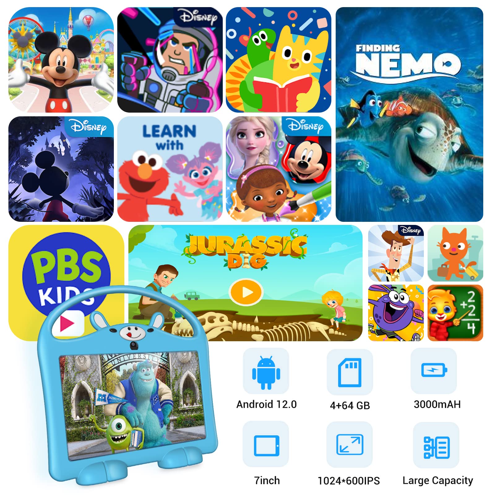 Kids Tablet, 7 inch Tablet for Kids 4GB RAM 64GB ROM, Android 12 Toddler Tablet with WiFi, Bluetooth, Parental Control, Dual Camera, Shockproof Case, YouTube Netflix, Children Tablet for Toddlers