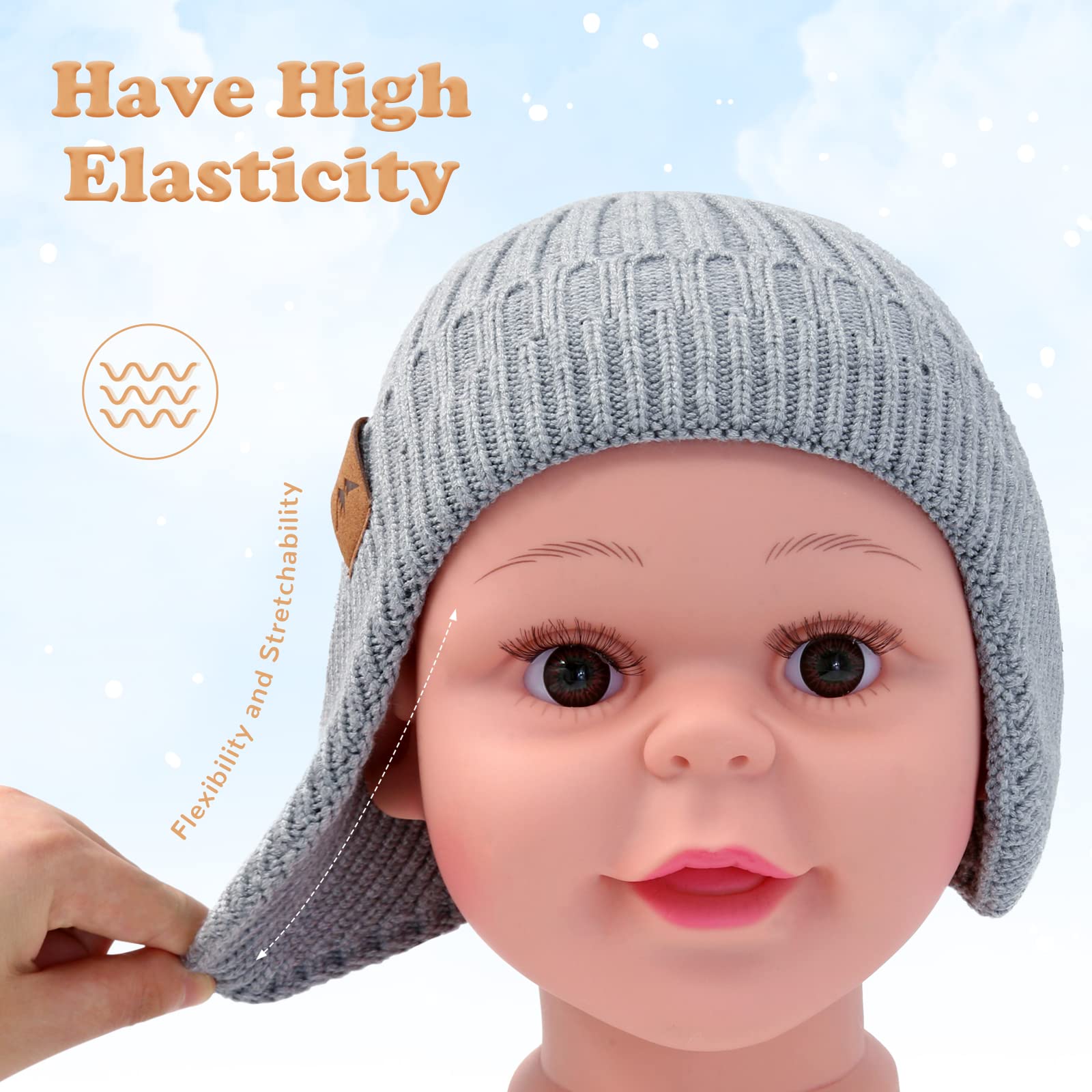 POXIMI Baby Boy Winter Hat Toddler Warm Beanie Girl Knit Hats with Earflap Kid Cute Earmuffs (Navy+Grey, 6-24Months)