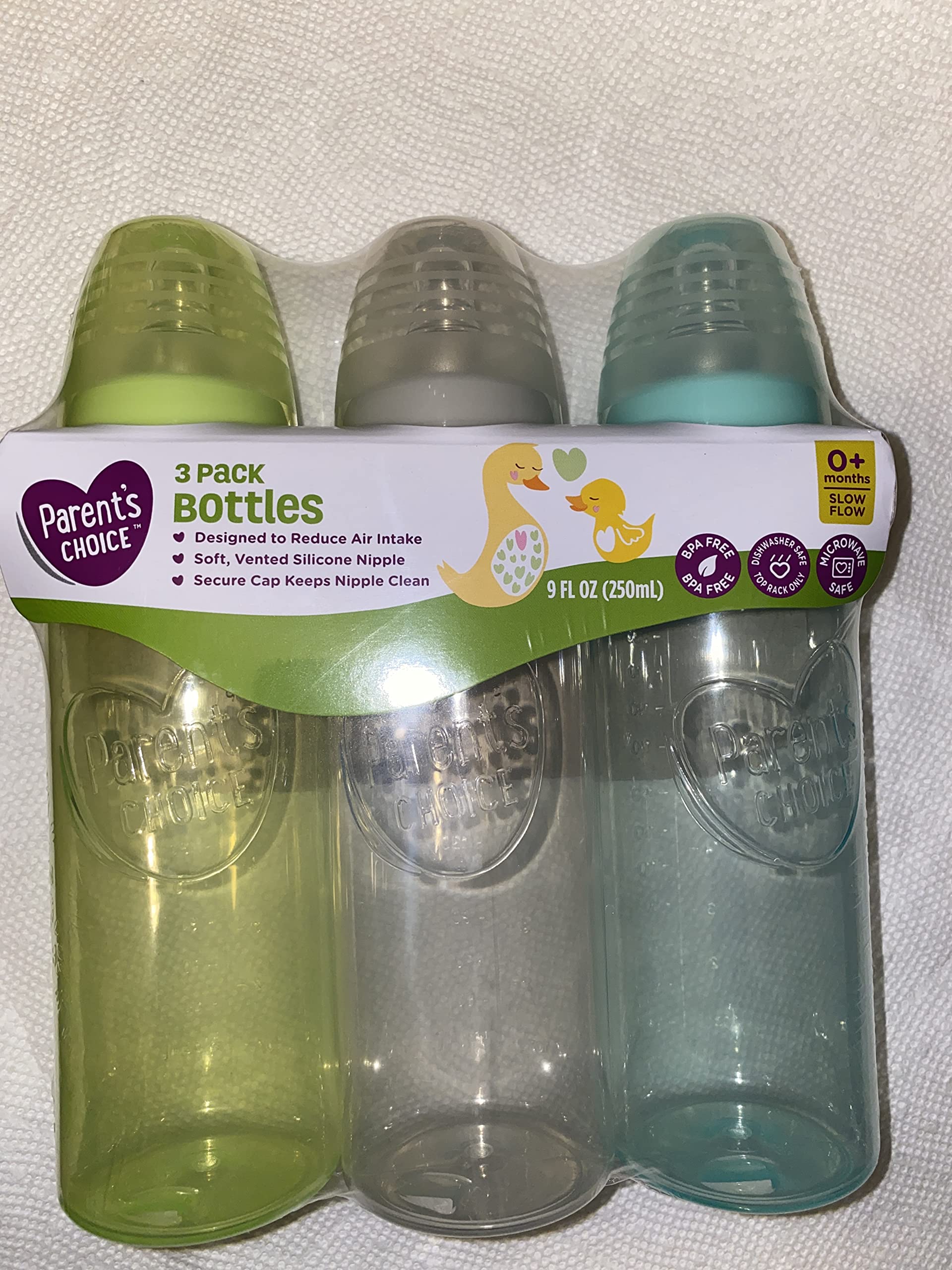 Parent Choice 3 Pack Bottles 0+ Months Slow Flow BPA Free Microwave and Dishwasher Safe, 9 ounces